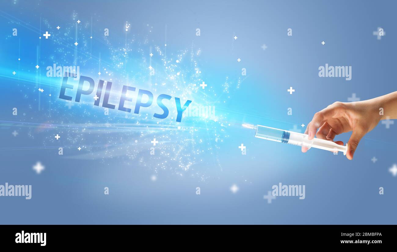 Syringe, medical injection in hand with EPILEPSY inscription, medical ...