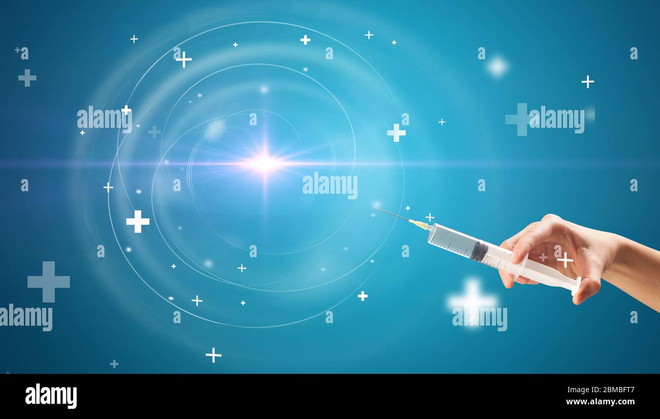 Syringe needle with virus vaccine and abbreviation, antidote concept ...