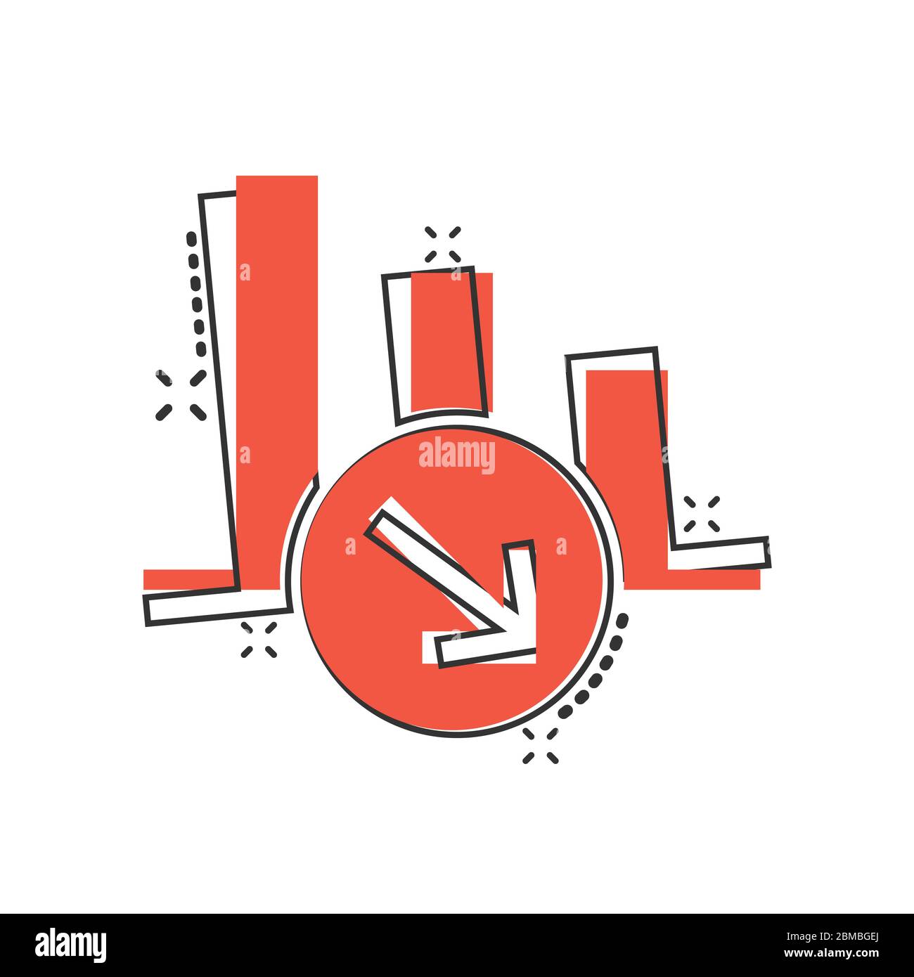 Market trend icon in comic style. Decline arrow with magnifier cartoon vector illustration on ...