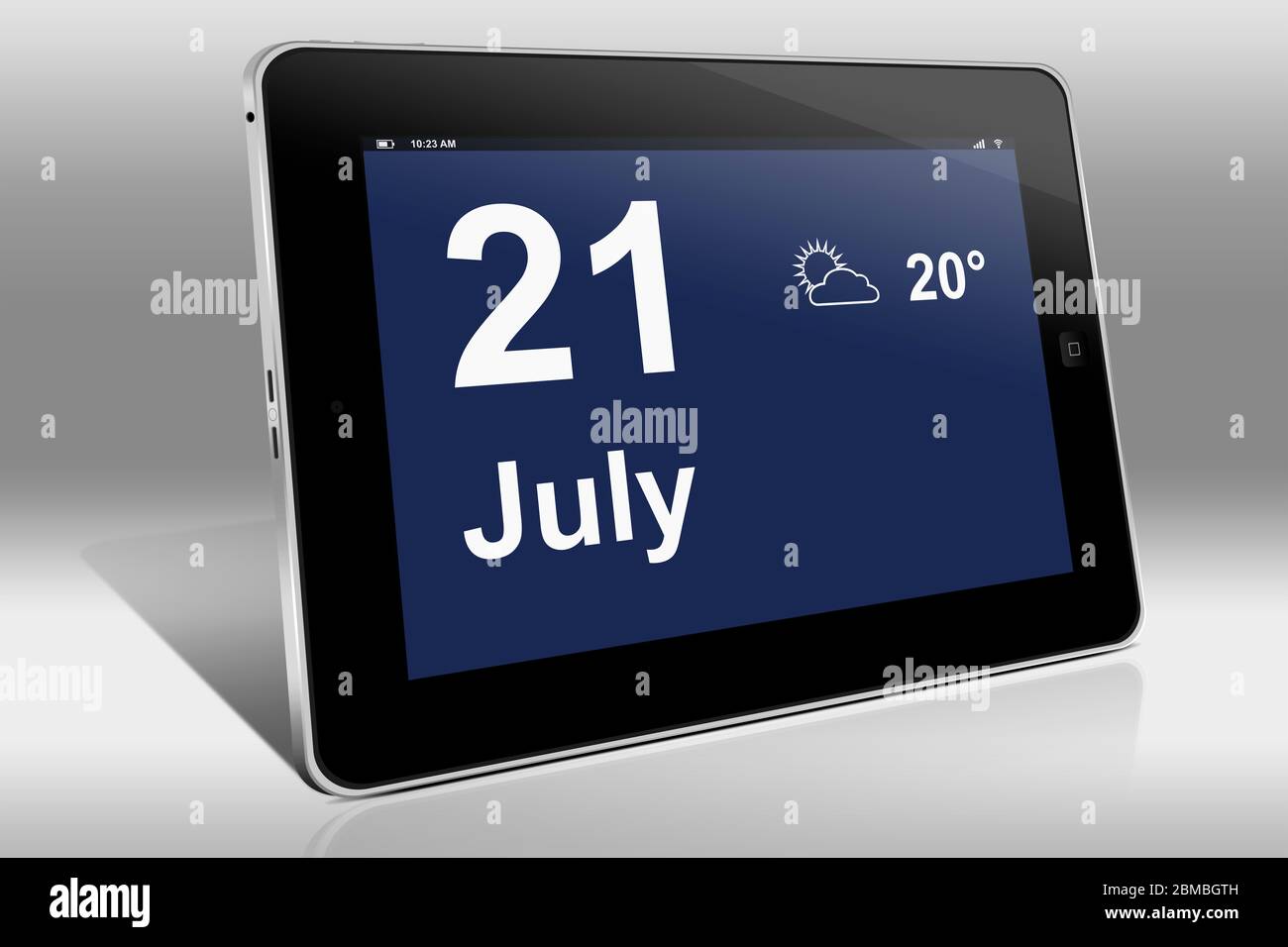 A tablet computer displays a calendar in English language with the date ...