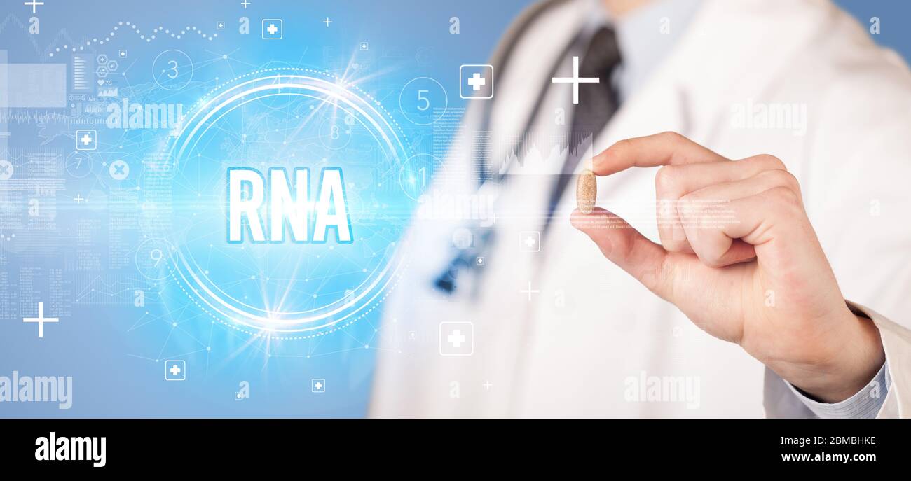 Close-up of a doctor giving you a pill with RNA abbreviation, virology ...