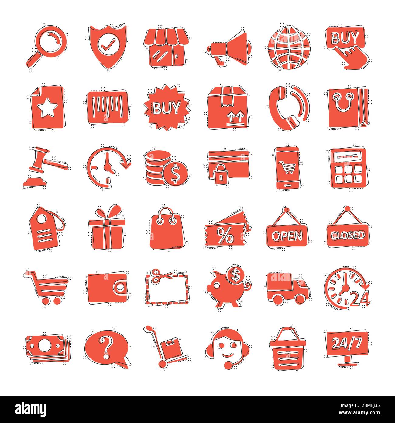 Shopping icon set in comic style. Online commerce cartoon vector ...