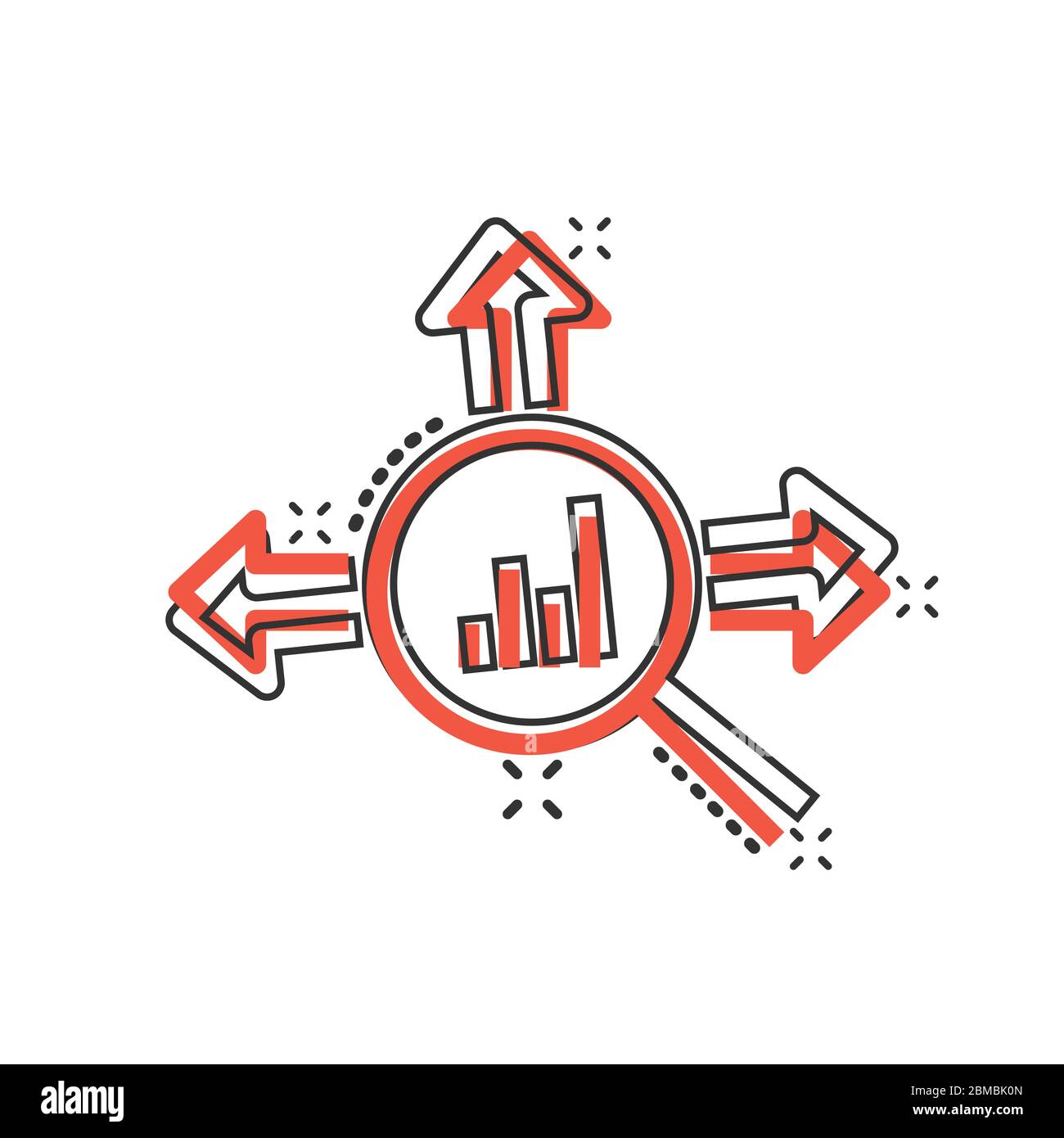Market trend icon in comic style. Growth arrow with magnifier cartoon ...
