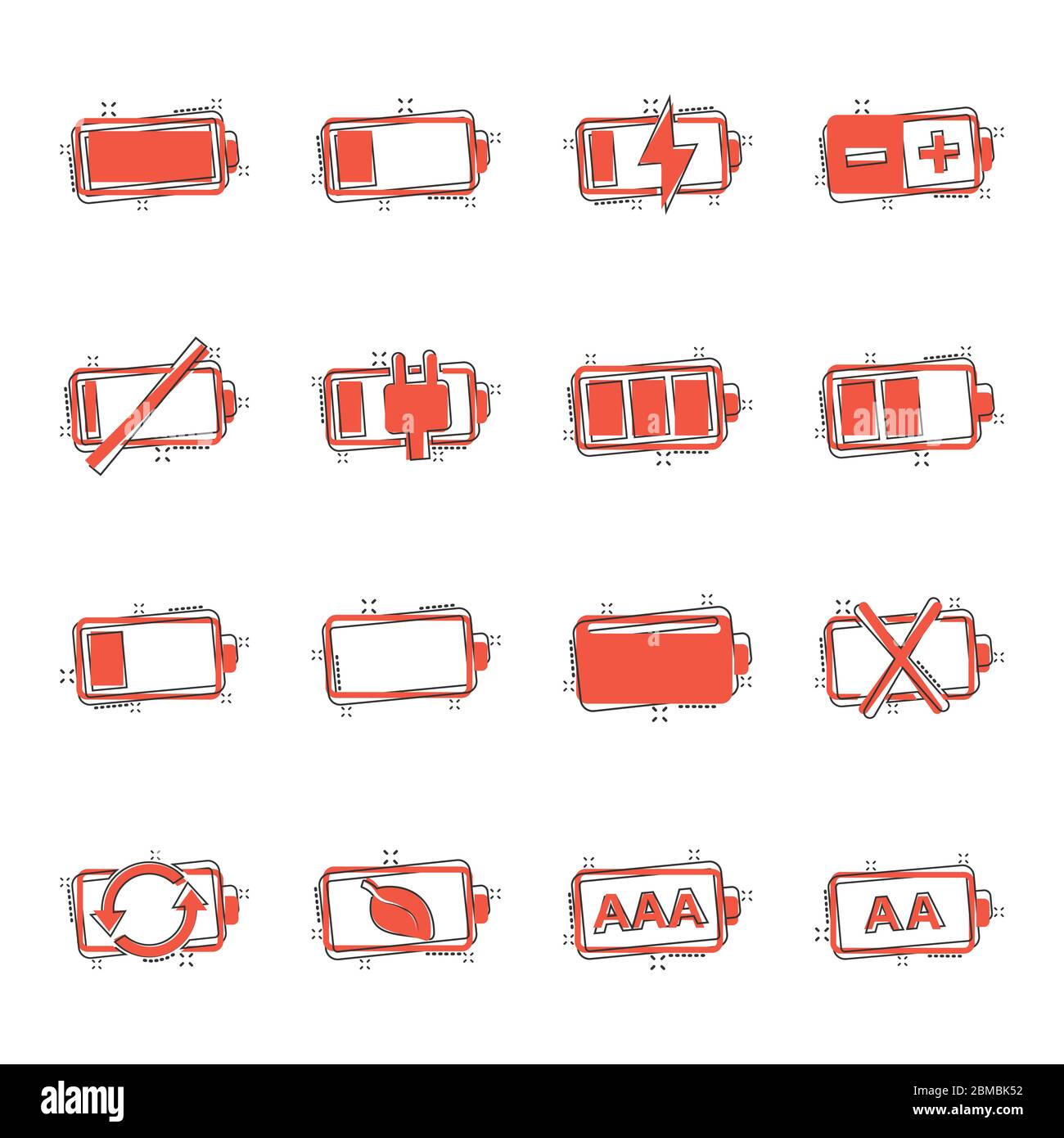 Battery charge icon set in comic style. Power level cartoon vector ...