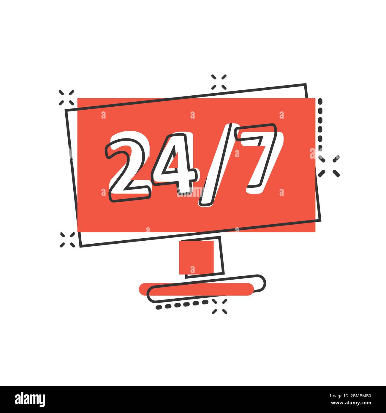 24/7 computer icon in comic style. All day service cartoon vector ...