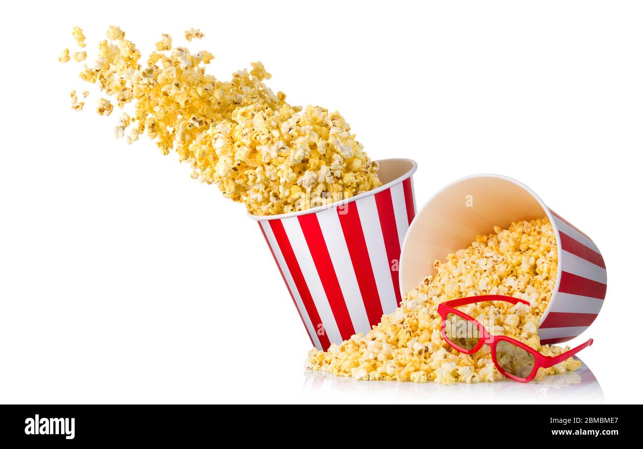 Set of flying popcorn from paper bucket and scattered popcorn isolated ...