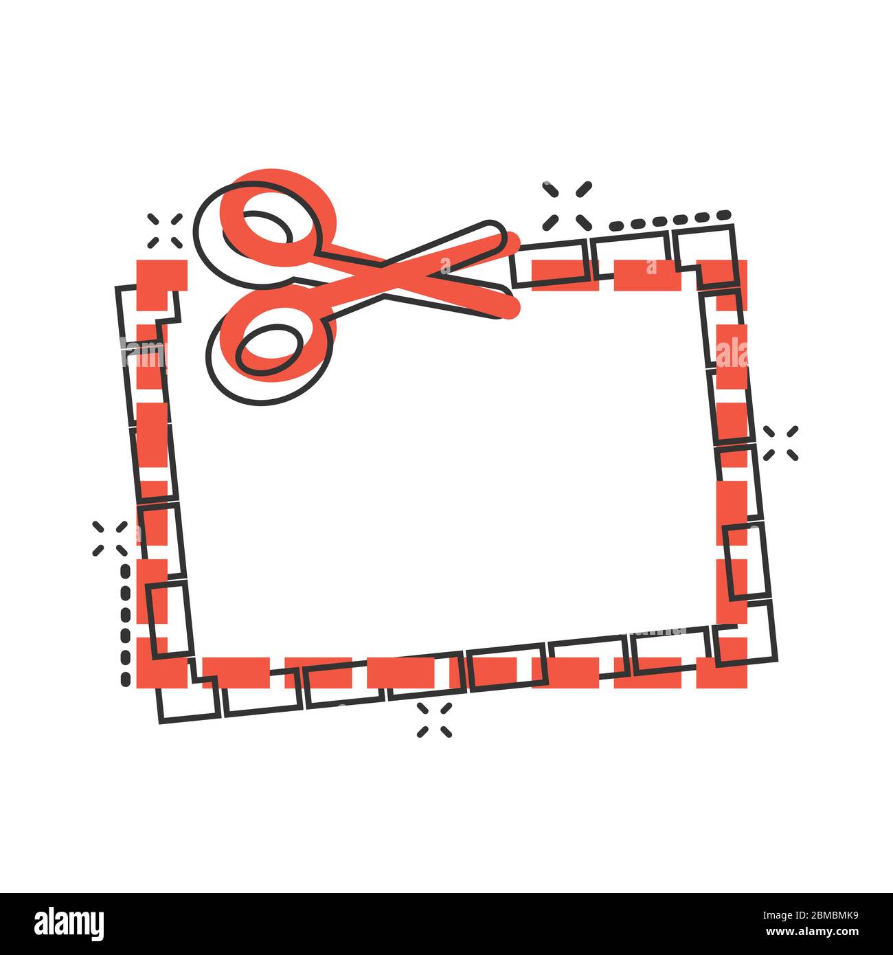 Coupon cut lines icon in comic style. Scissors snip cartoon sign vector ...