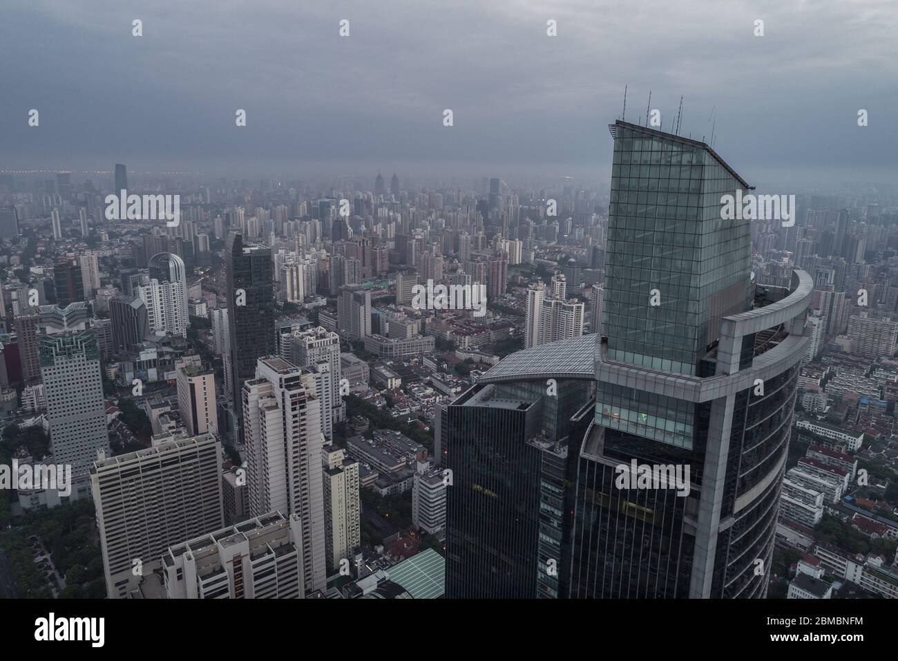 Aerial View of business area and cityscape in foggy dawn, West Nanjing ...