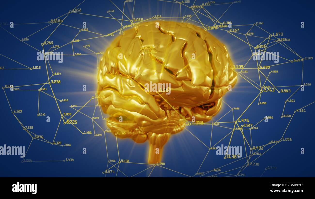 3d illustration golden brain with computational and mathematical data ...
