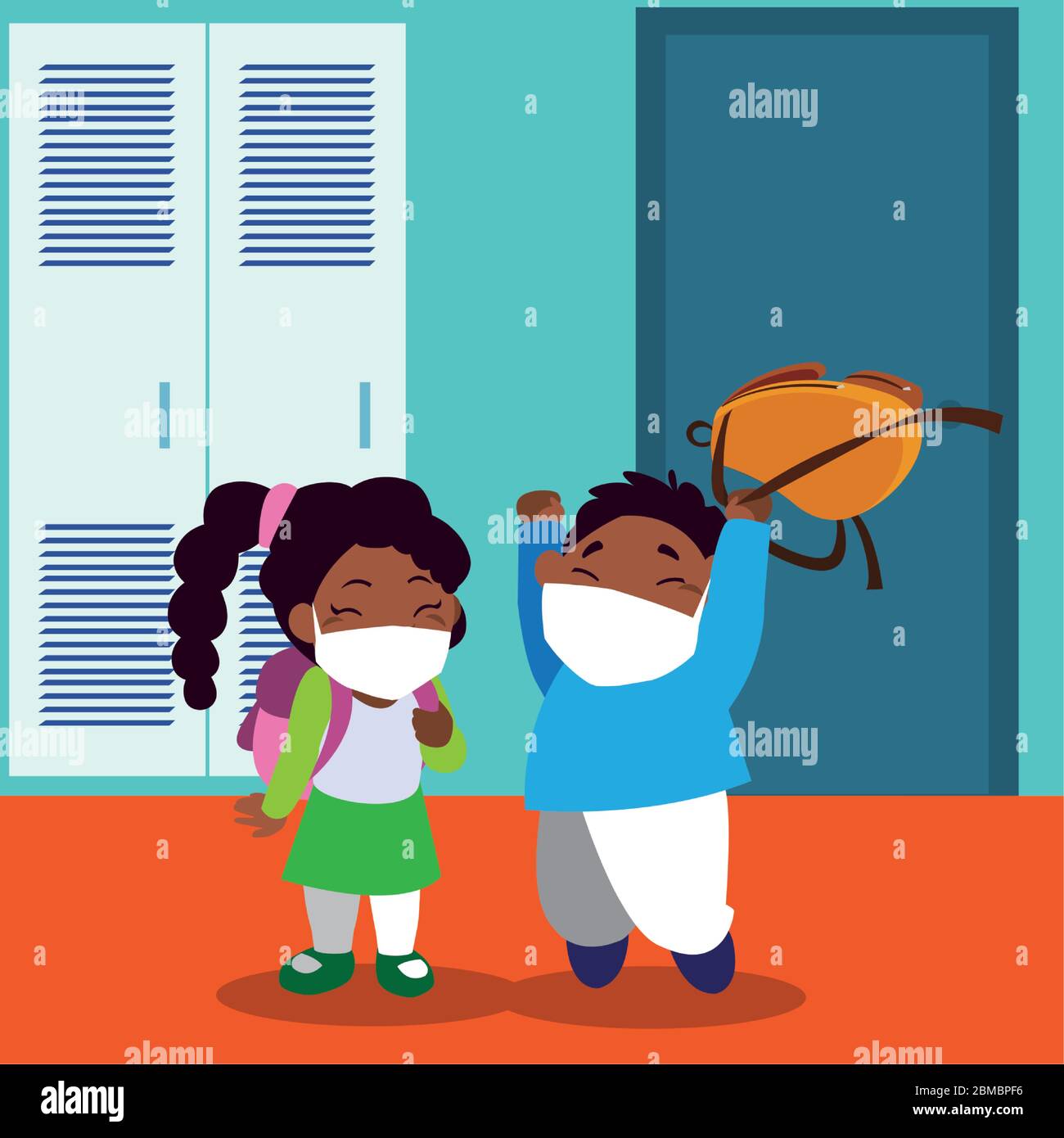 Girl and boy kid cartoon with masks at school with lockers and bags ...