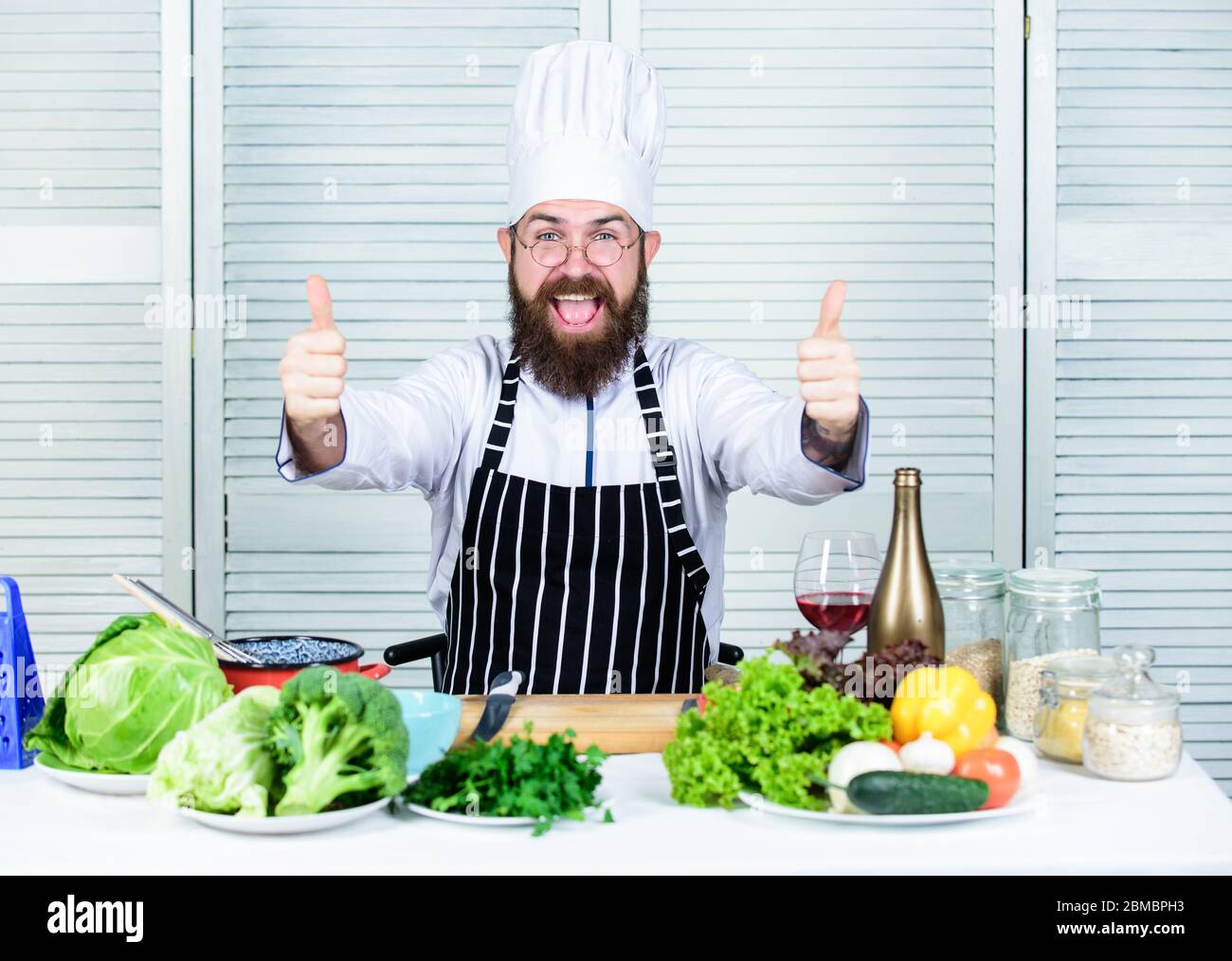 Get ready. Man bearded chef getting ready cooking delicious dish. Chef ...