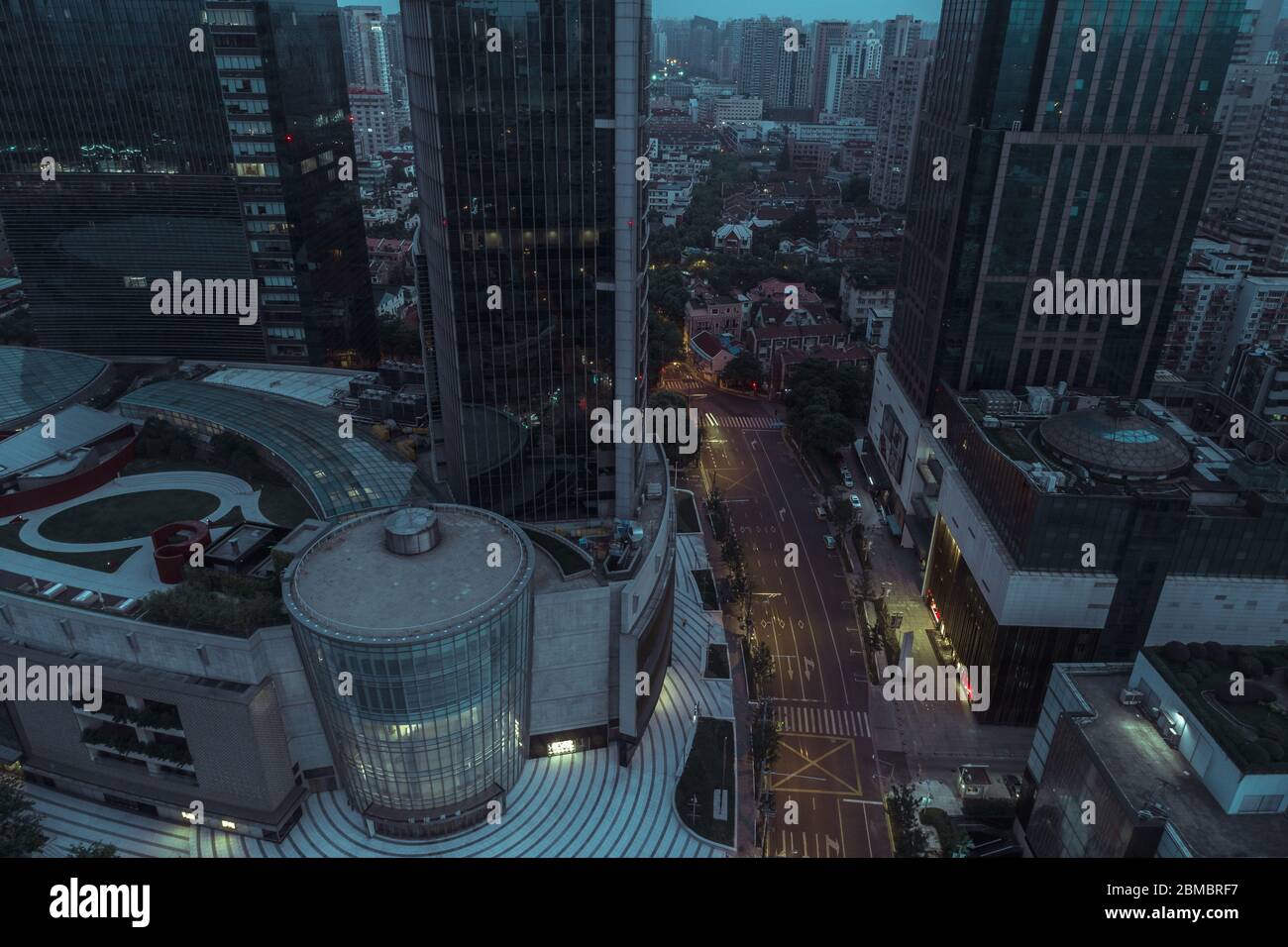 Aerial View of business area and cityscape in foggy dawn, West Nanjing ...