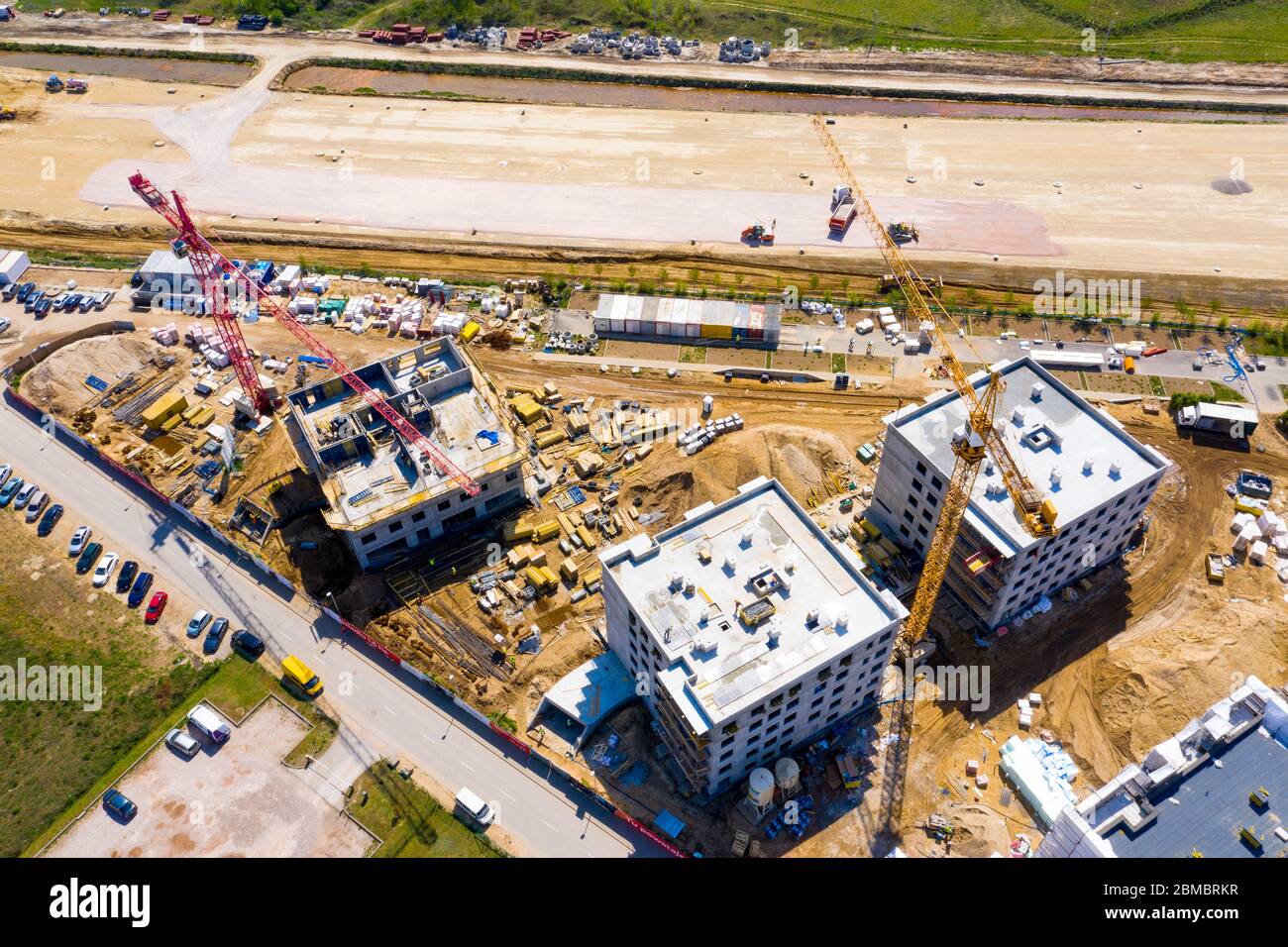 Aerial Bird Eye View Of a Construction Site Building Cranes Looking ...
