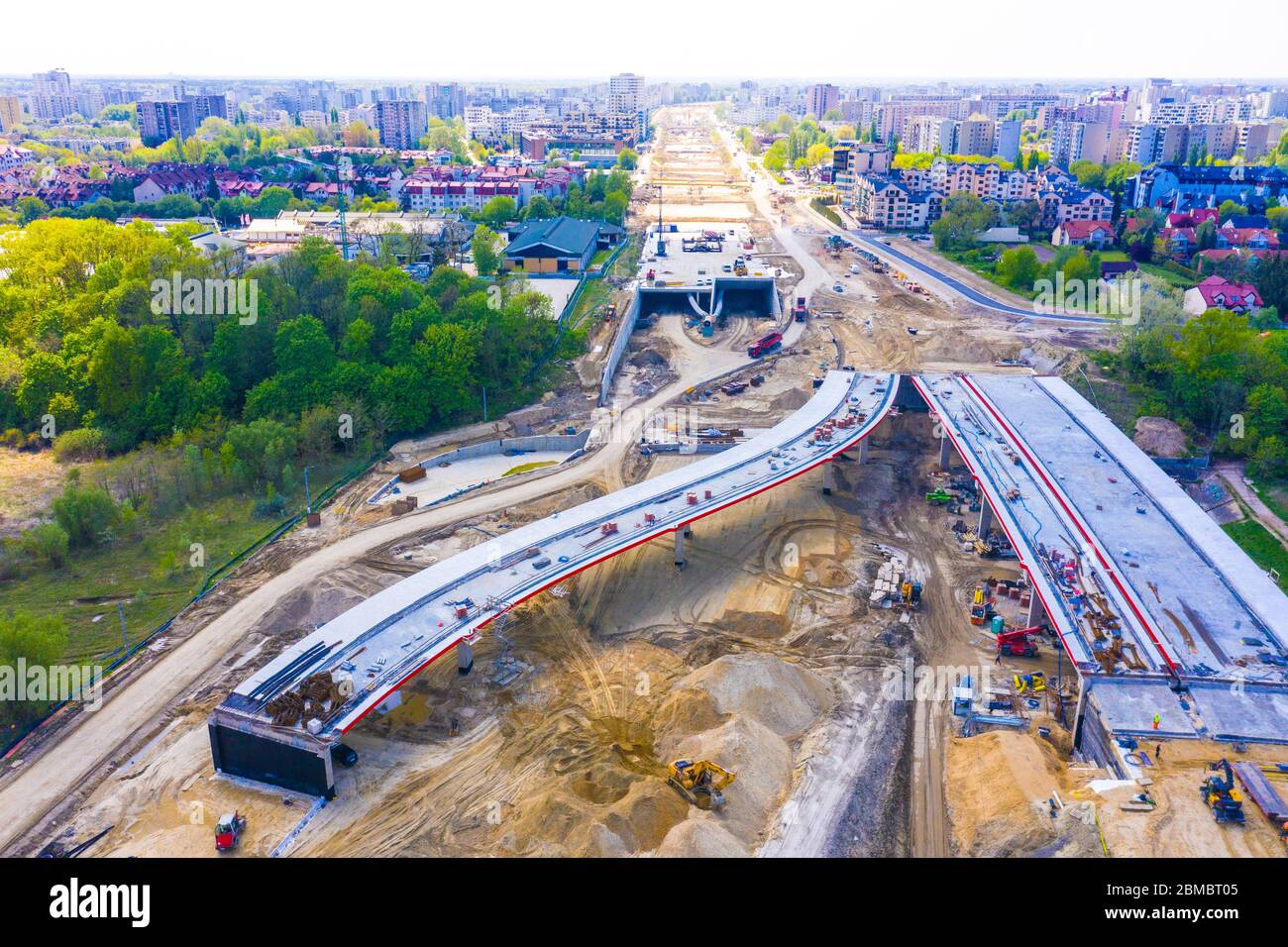 aerial top view on the new road construction site. building of new city ...