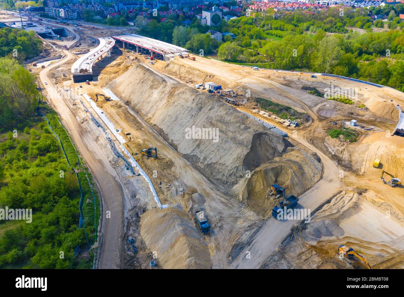 aerial top view on the new road construction site. building of new city ...