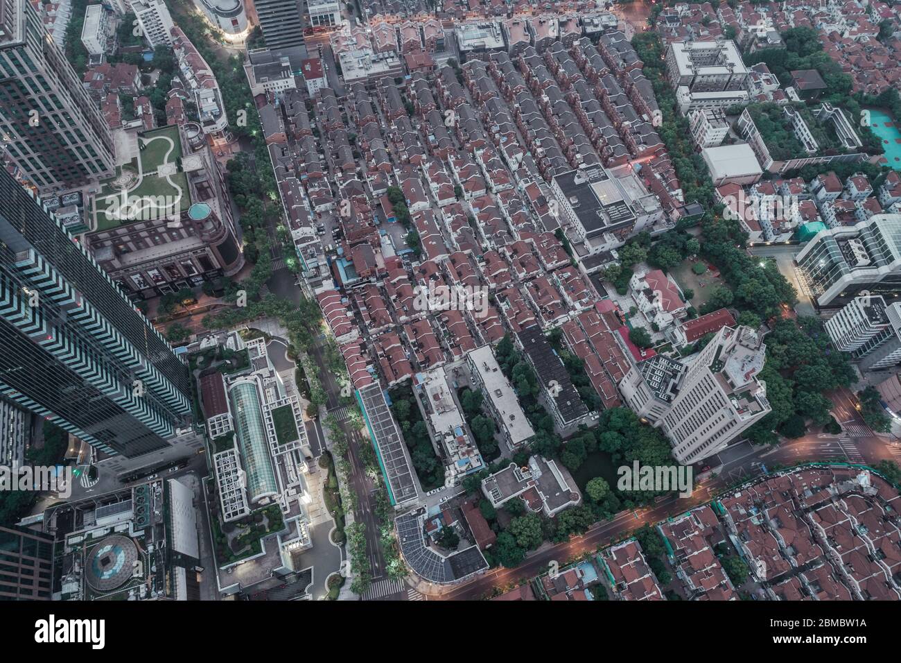 Aerial View of business area and cityscape in foggy dawn, West Nanjing ...