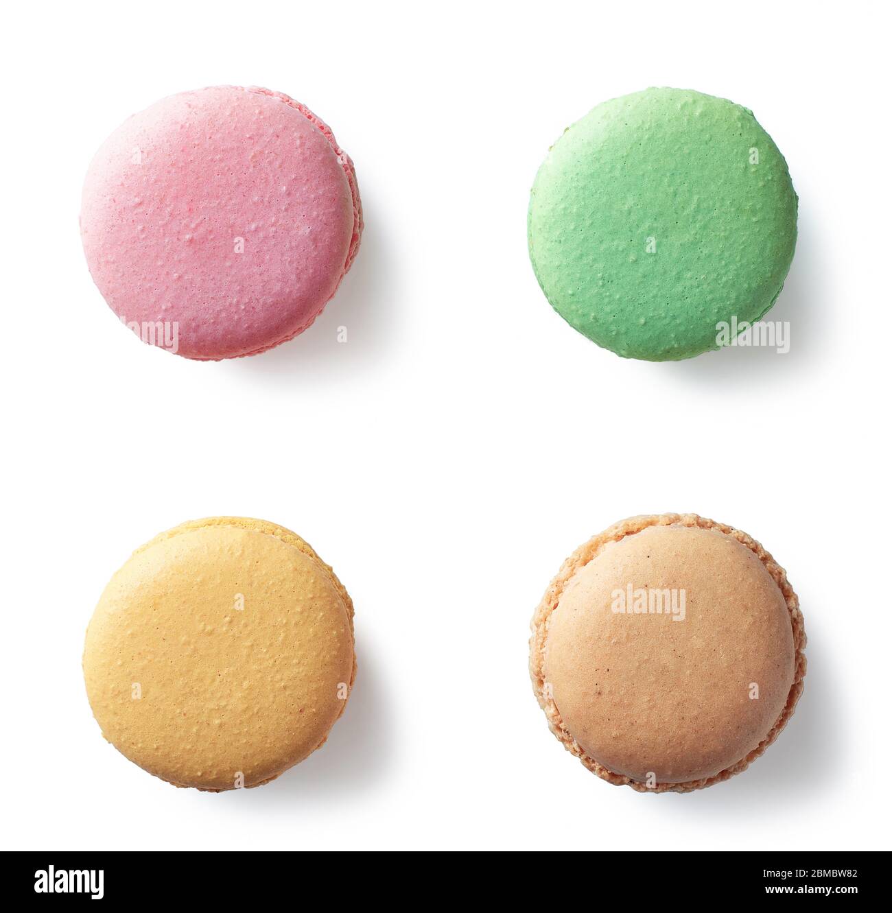 Colorful french macarons isolated on white background. Top view. Pastel ...