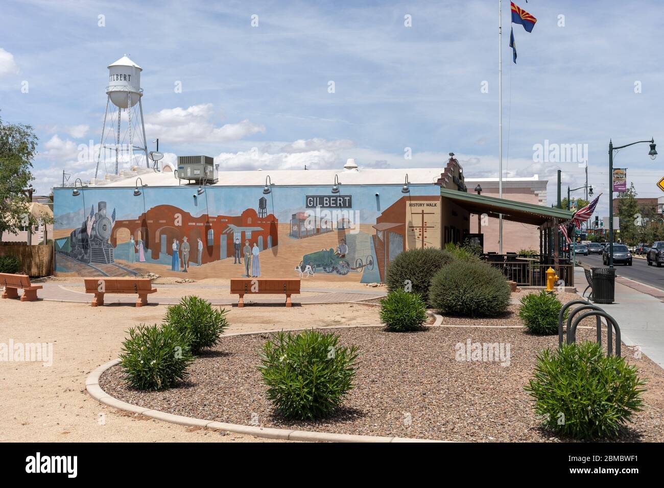 Street view of Gilbert Arizona a mural water tower and small park Stock ...