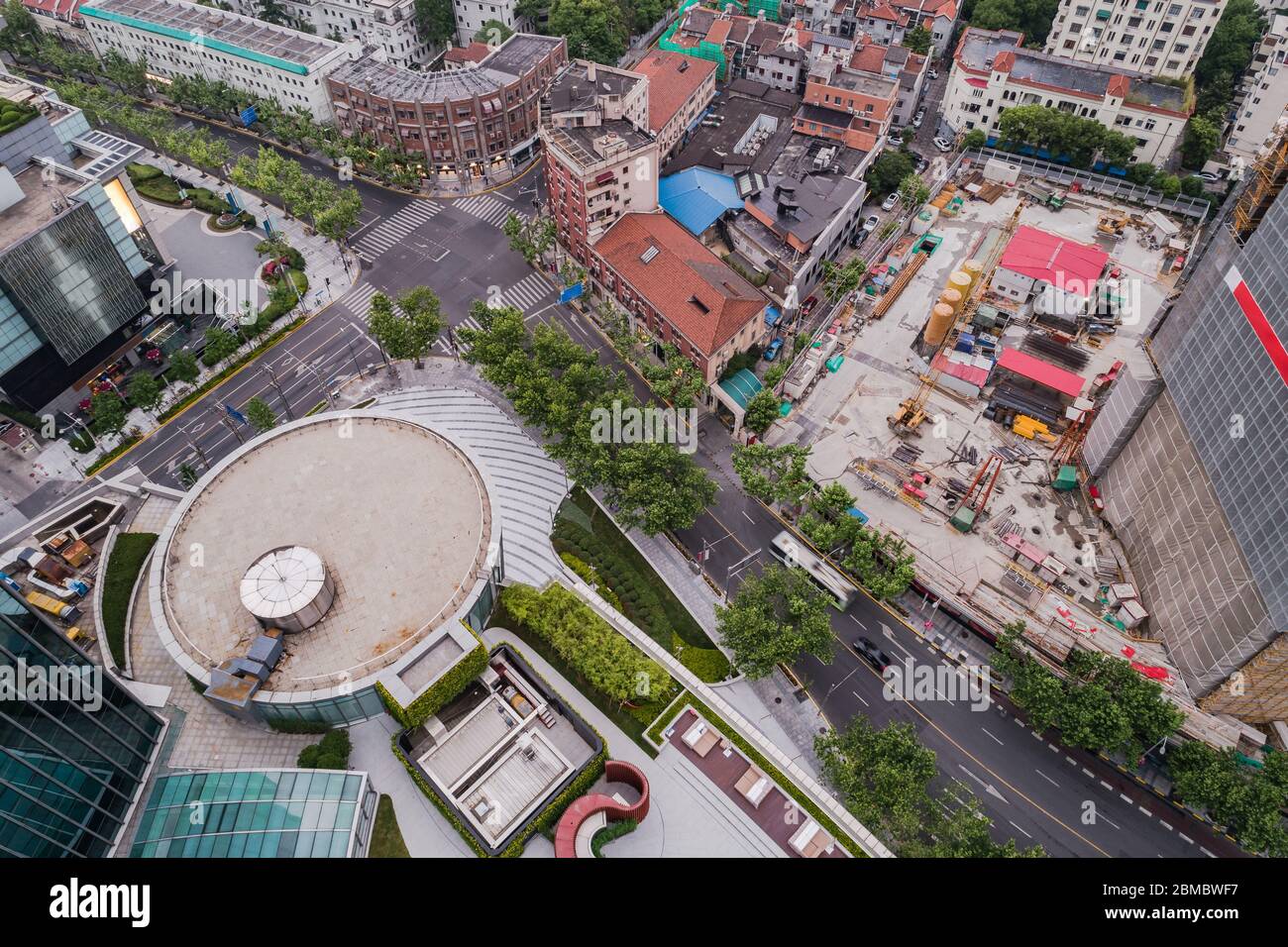 Aerial View of business area and cityscape in foggy dawn, West Nanjing ...