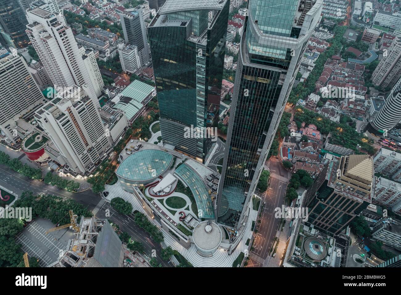 Aerial View of business area and cityscape in foggy dawn, West Nanjing ...