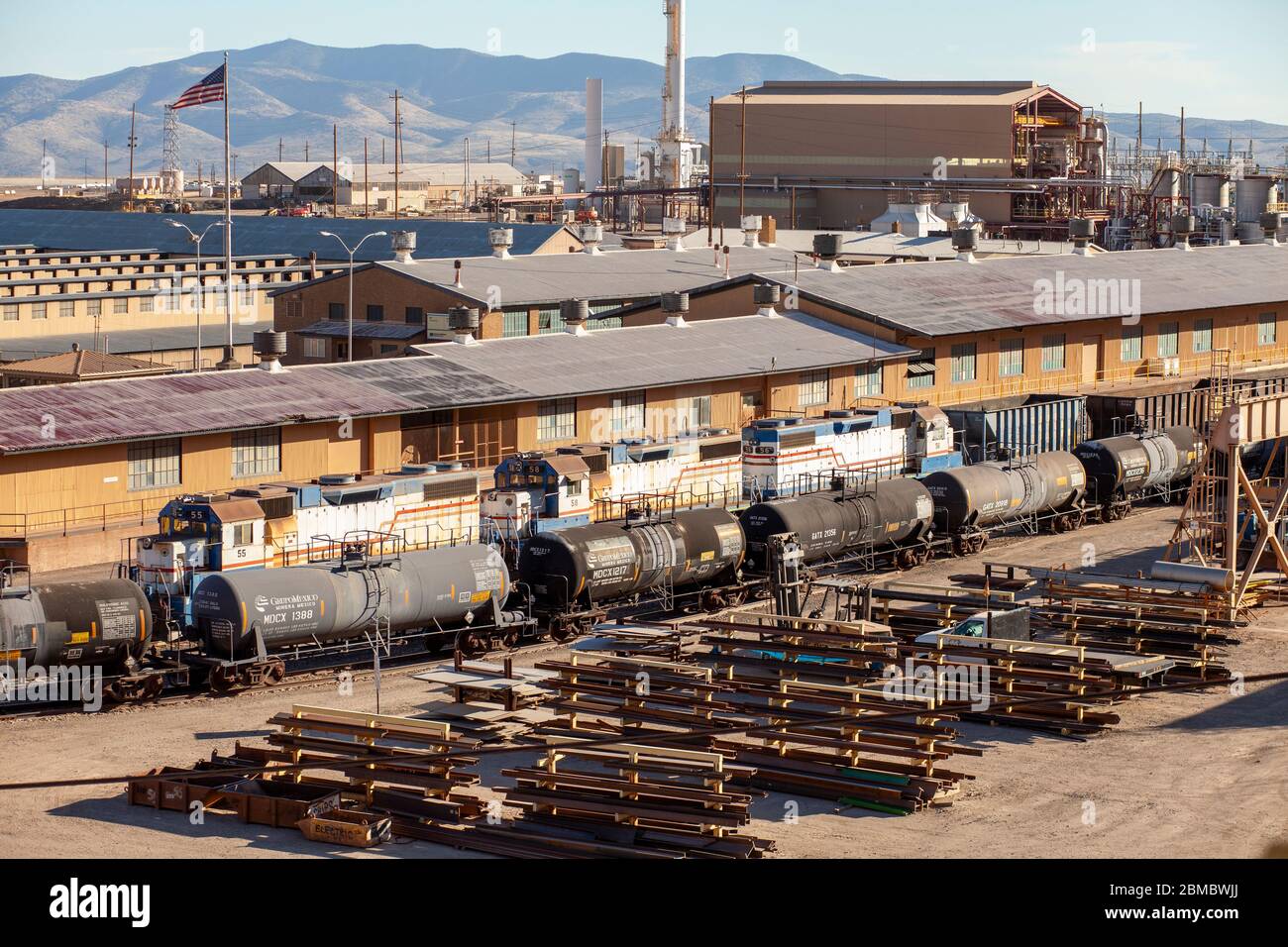 Railroad locomotives cars and industrial mining structures Morenci AZ ...