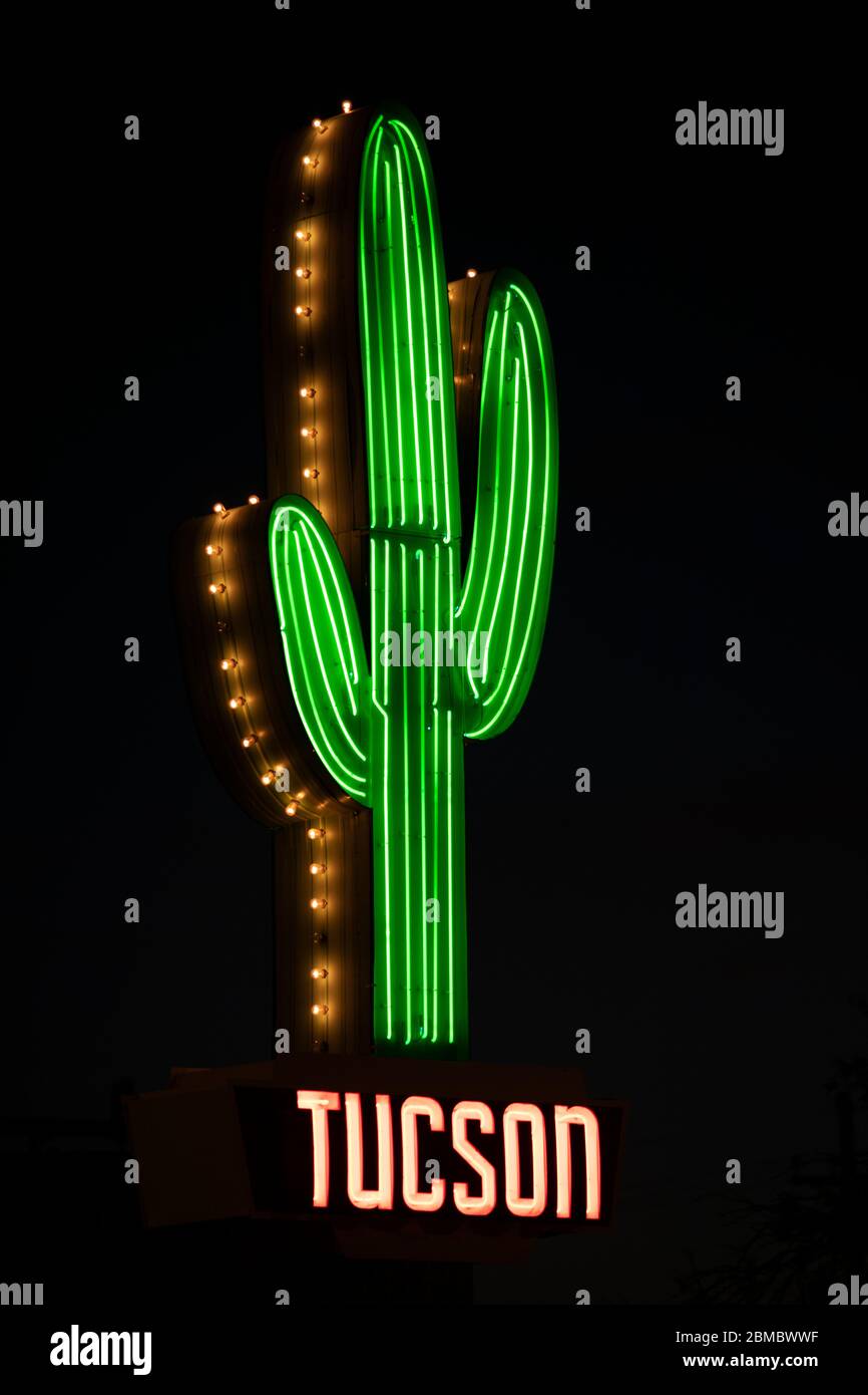 Neon light saguaro cactus marquee lit at night in Tucson Arizona Stock ...