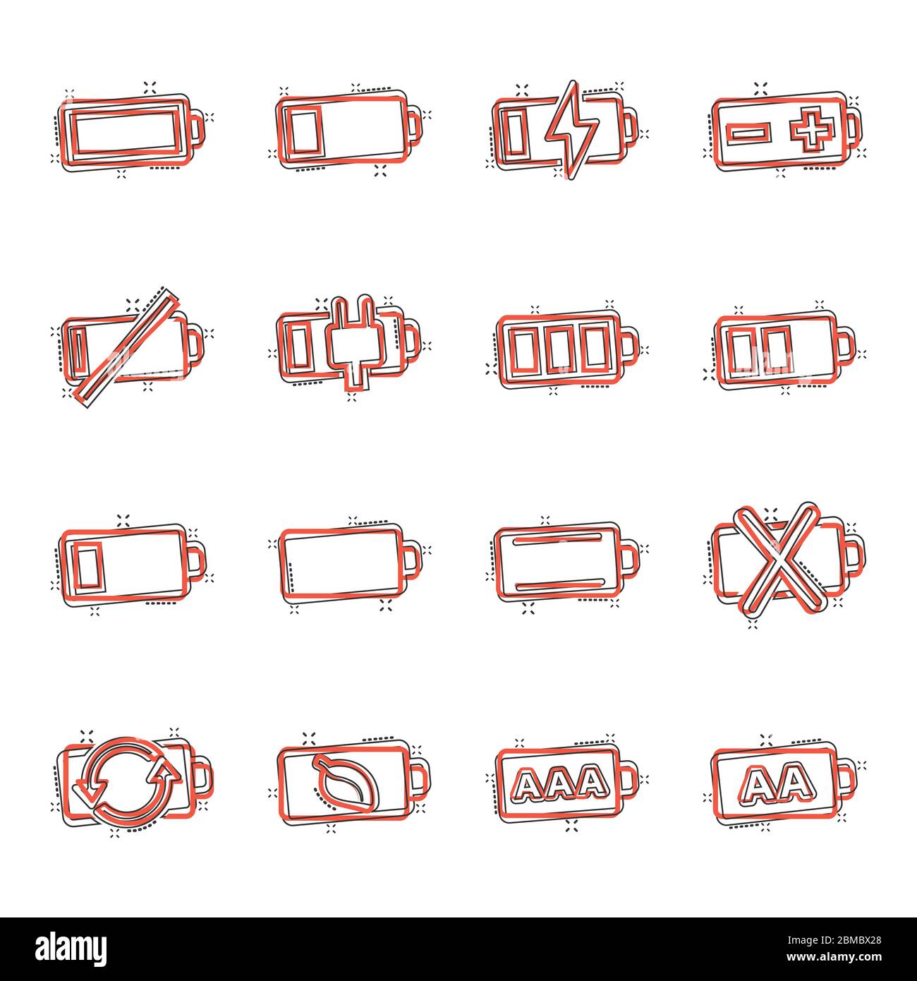 Battery charge icon set in comic style. Power level cartoon vector ...