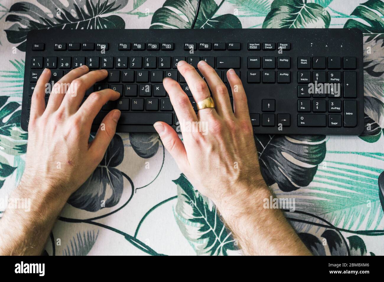 male hands typing on computer keyboard, top view Stock Photo - Alamy