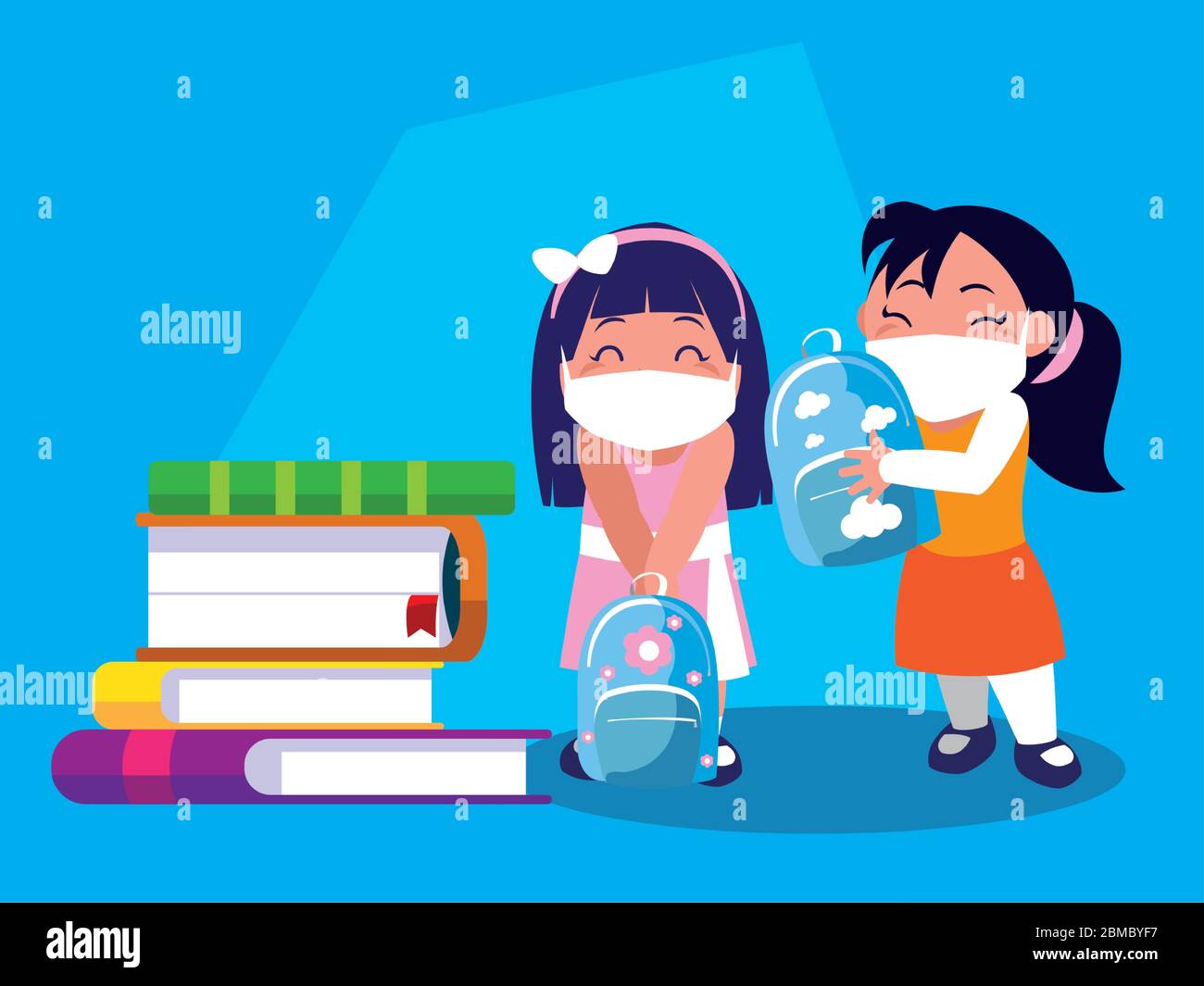 Girls with masks school books and bags design of Covid 19 virus theme ...
