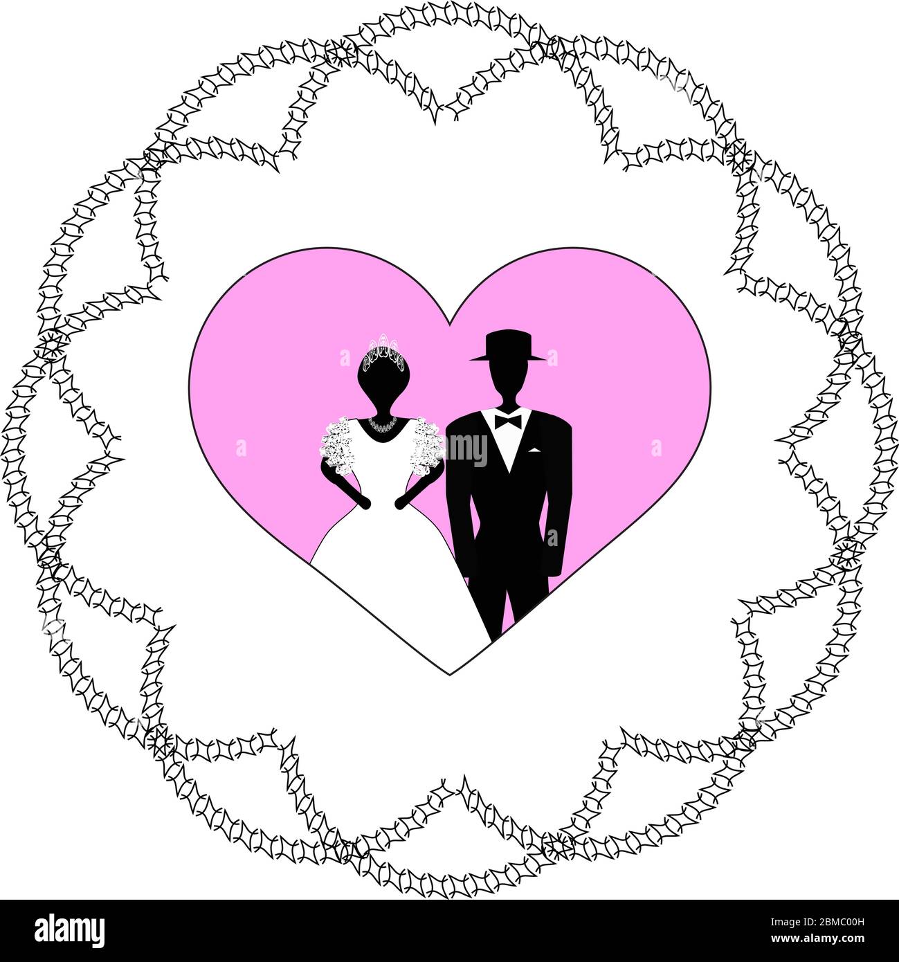 Bride and groom in pink heart. Vector illustration on isolated ...