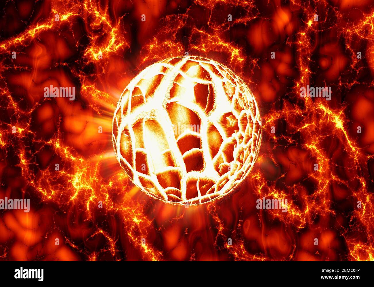 Abstract 3d rendering illustration of a fiery magical exploding earth ...