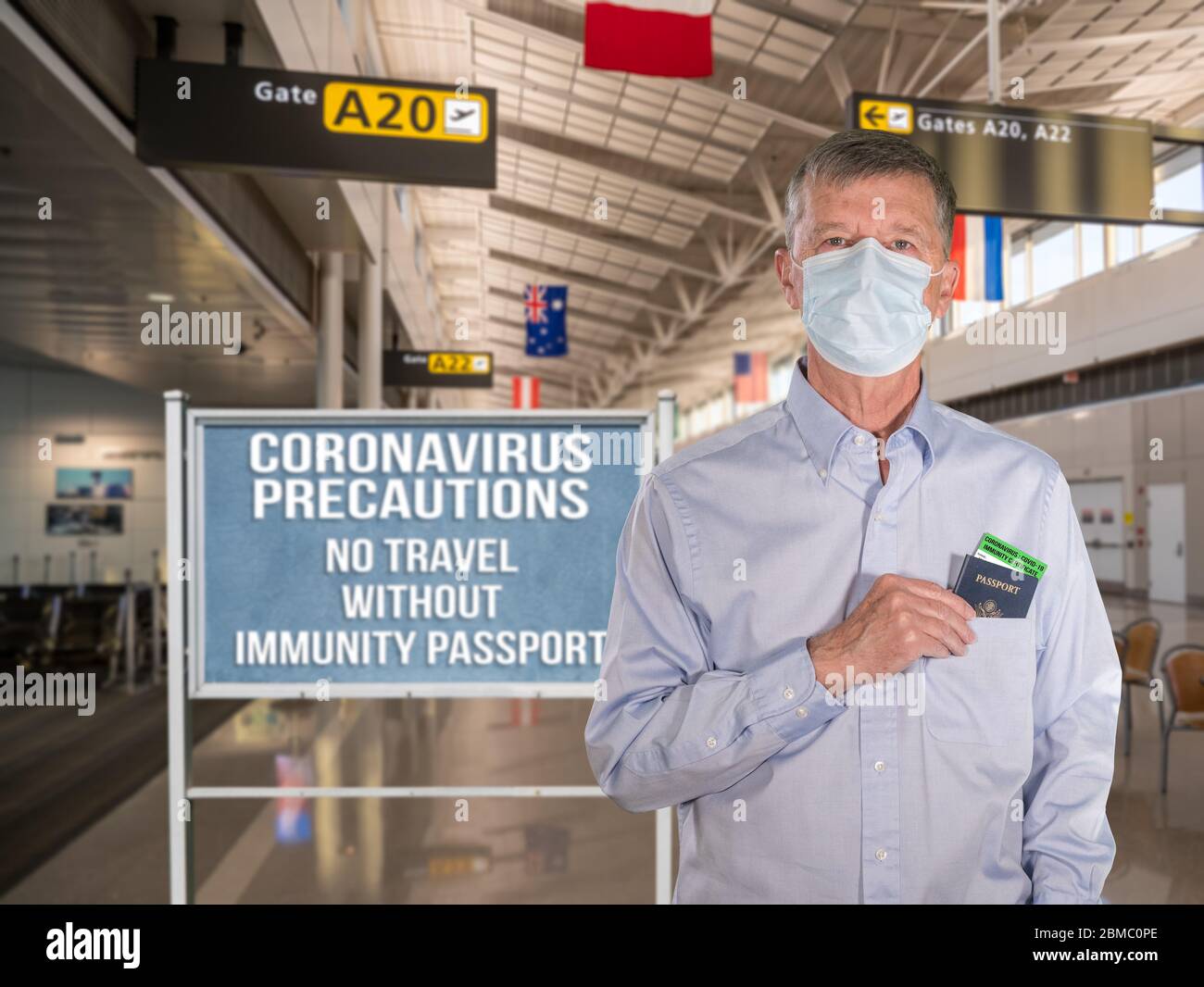 Mockup of airport terminal with casual senior adult holding passport ...
