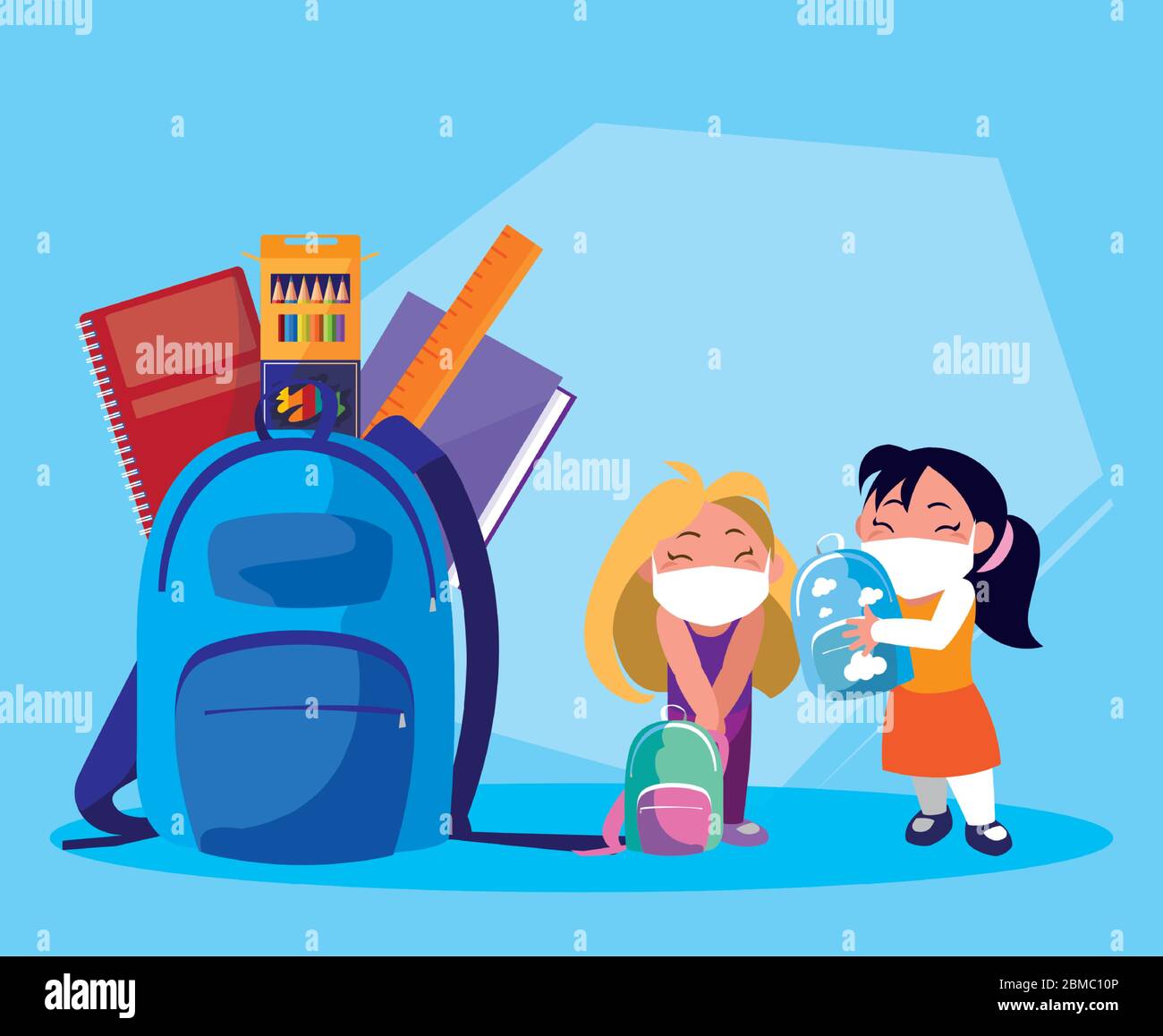 Girl and boy with masks school books and bags design of Covid 19 virus ...