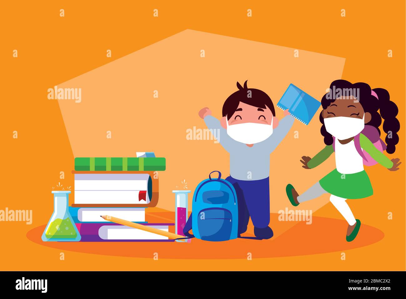 Girl and boy with masks school books and bags design of Covid 19 virus ...
