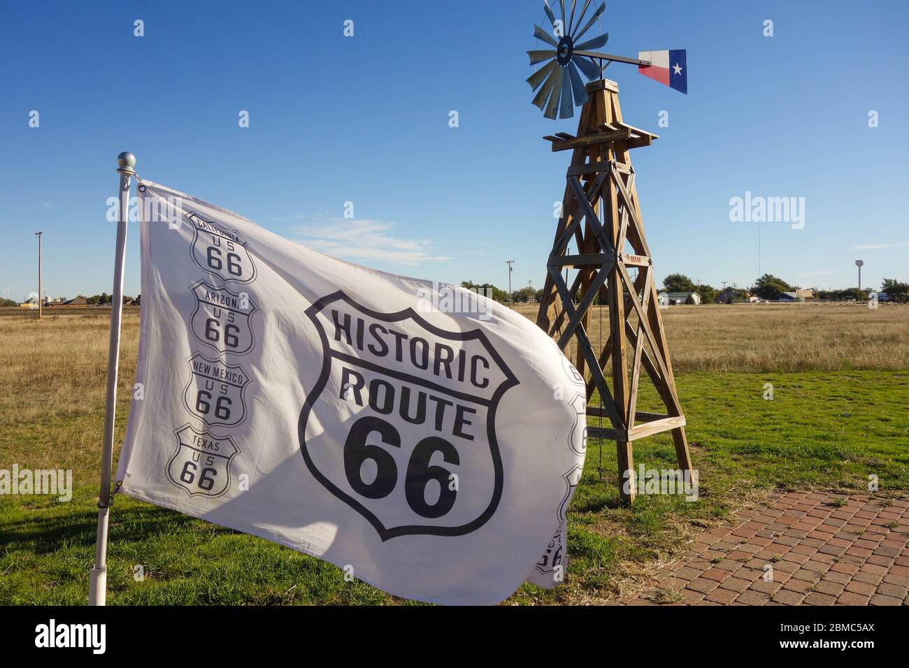 Historic route 66 flag in Adrian, Texas near Midpoint Cafe Stock Photo ...