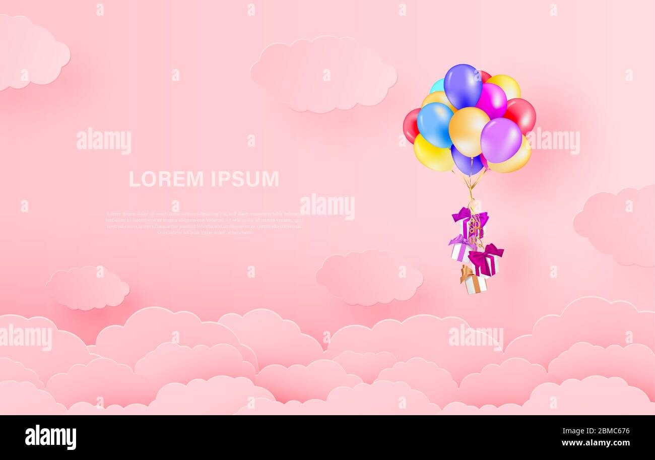 Cloud and balloons with gift boxes paper cut style vector illustration ...