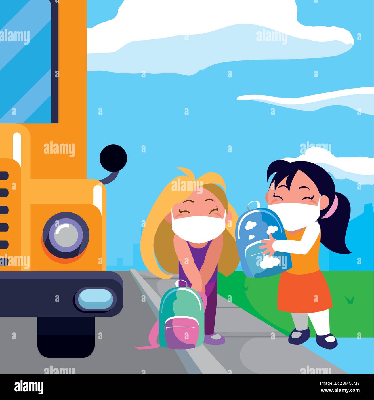 Girls kids cartoons with masks school bags and bus design of Covid 19 ...