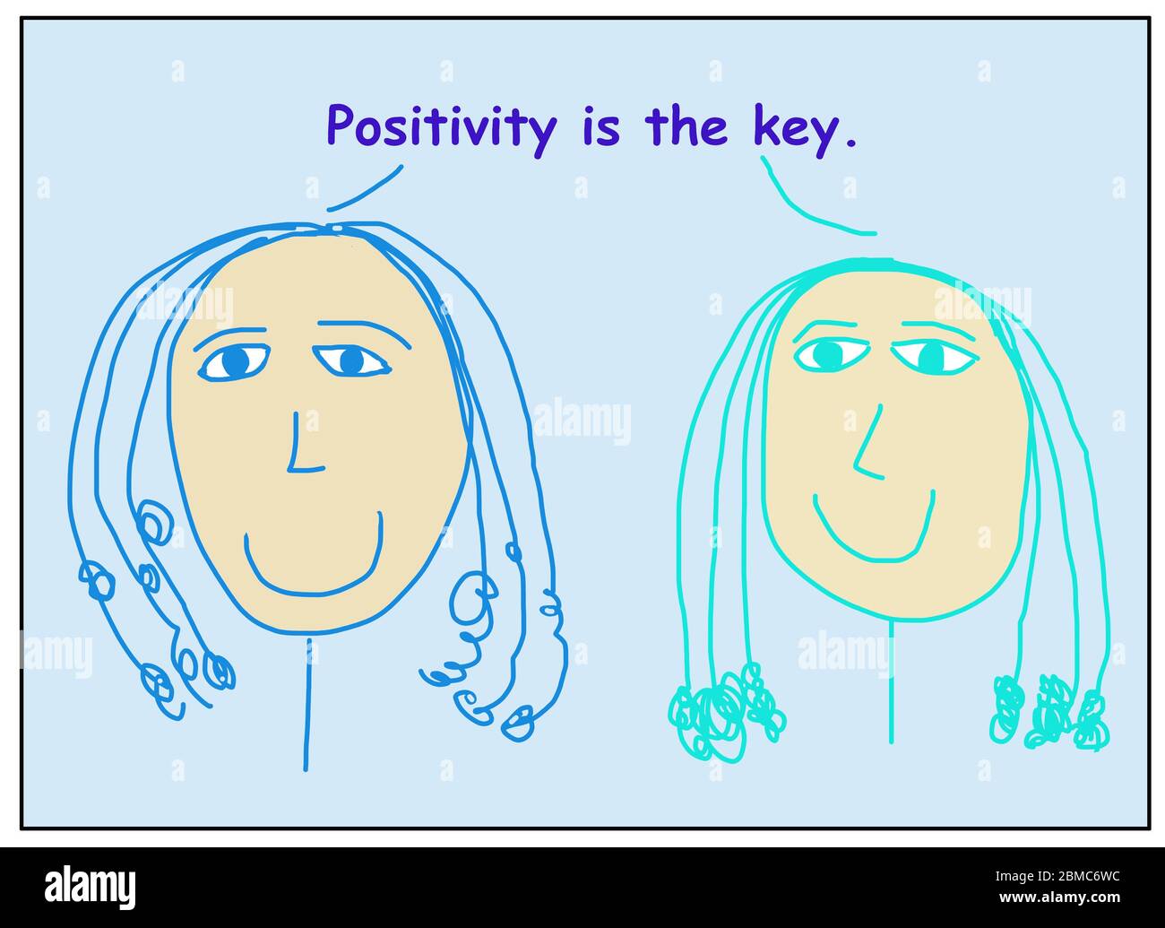 Color cartoon of two smiling women stating positivity is the key Stock ...