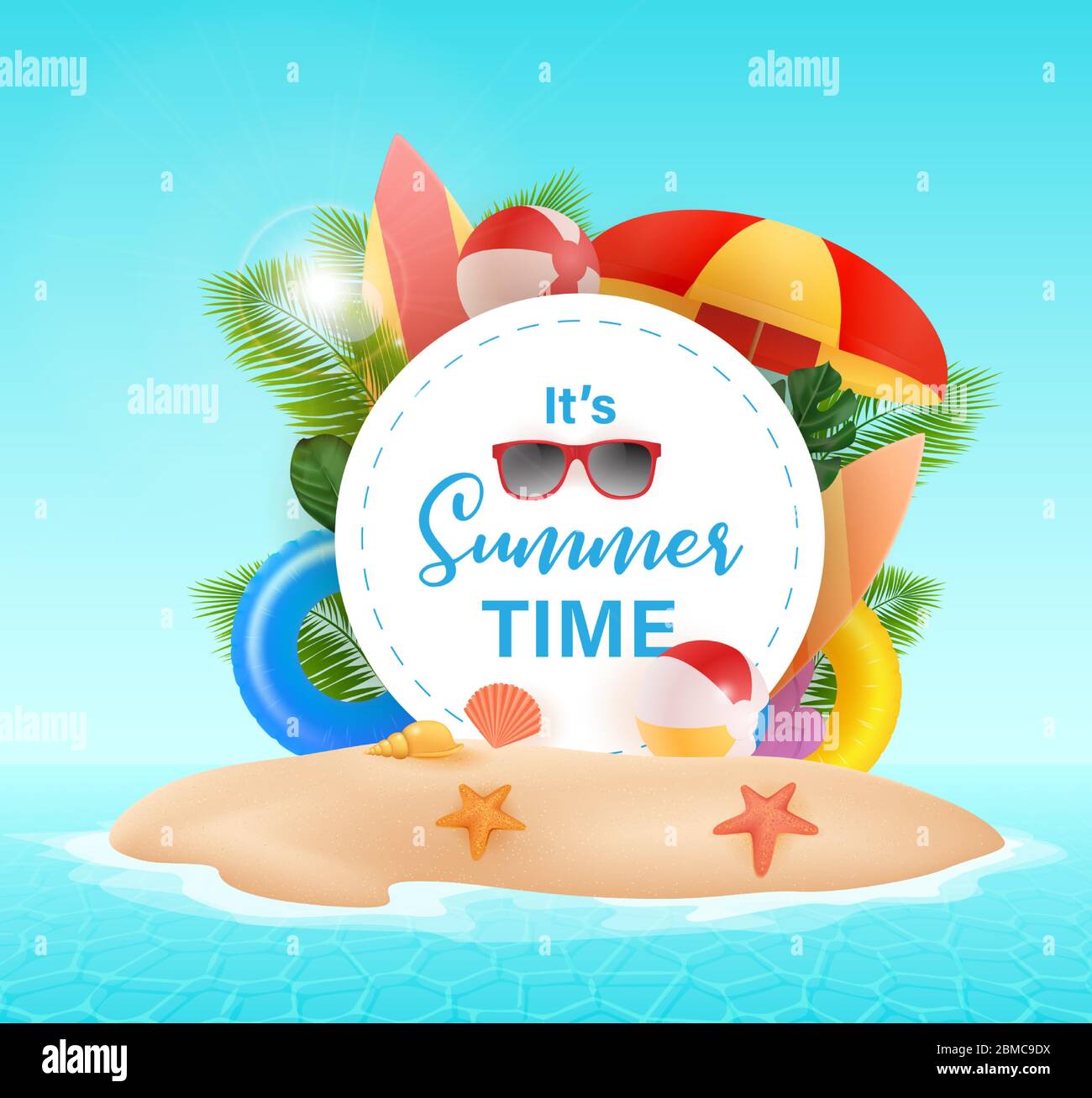 Hello Summer typographic on withe circle background. Tropical plants ...