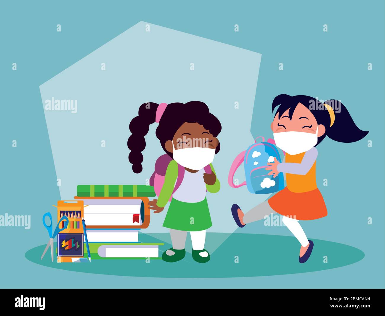 Girls with masks school books and bags design of Covid 19 virus theme ...