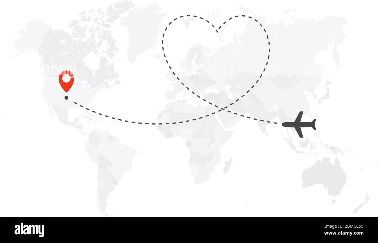 Romantic or honeymoon trip. Airplane line path. Air plane flight route ...