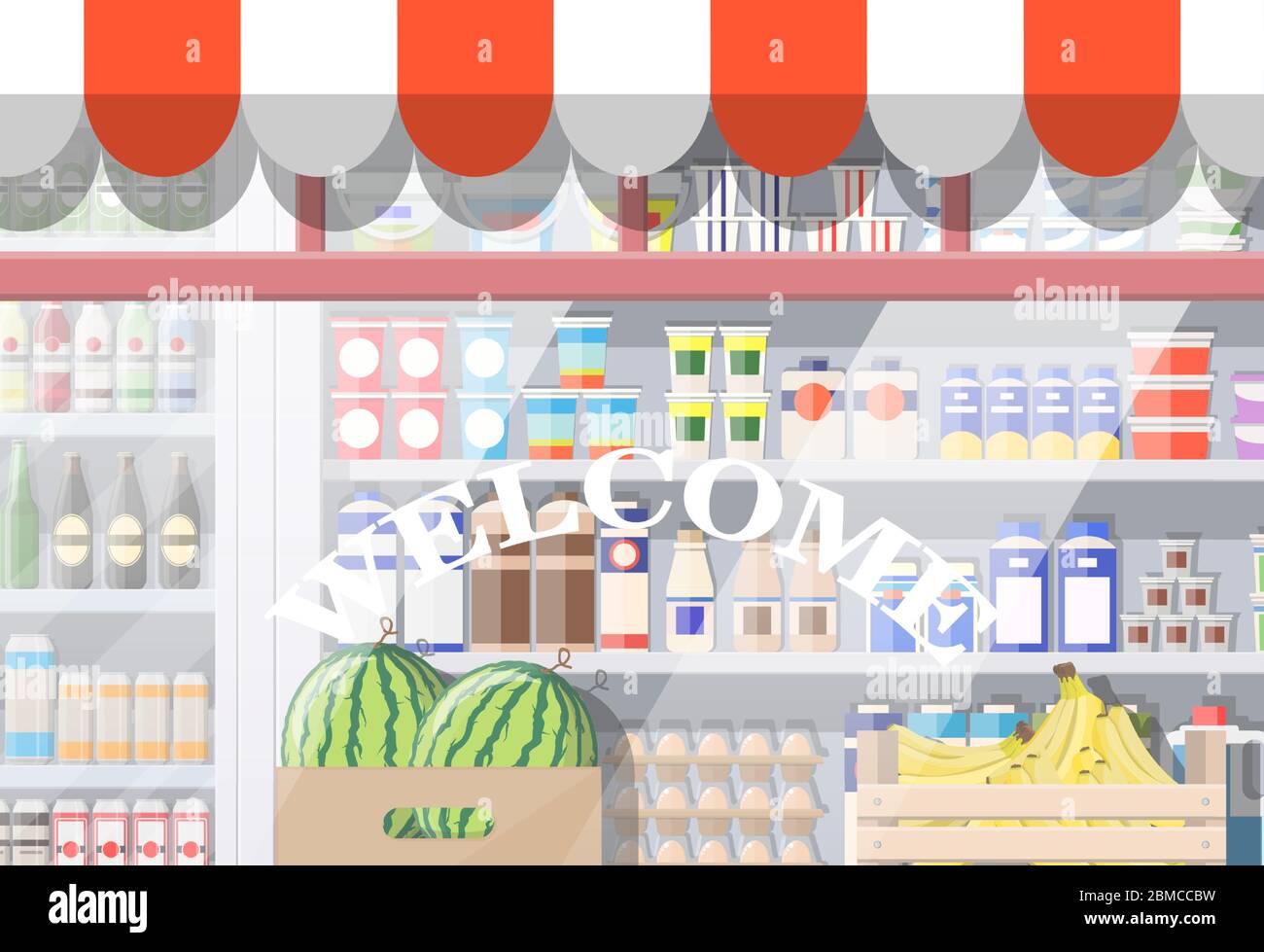 Grocery store front window. Retail facade with awning. Glass showcase ...