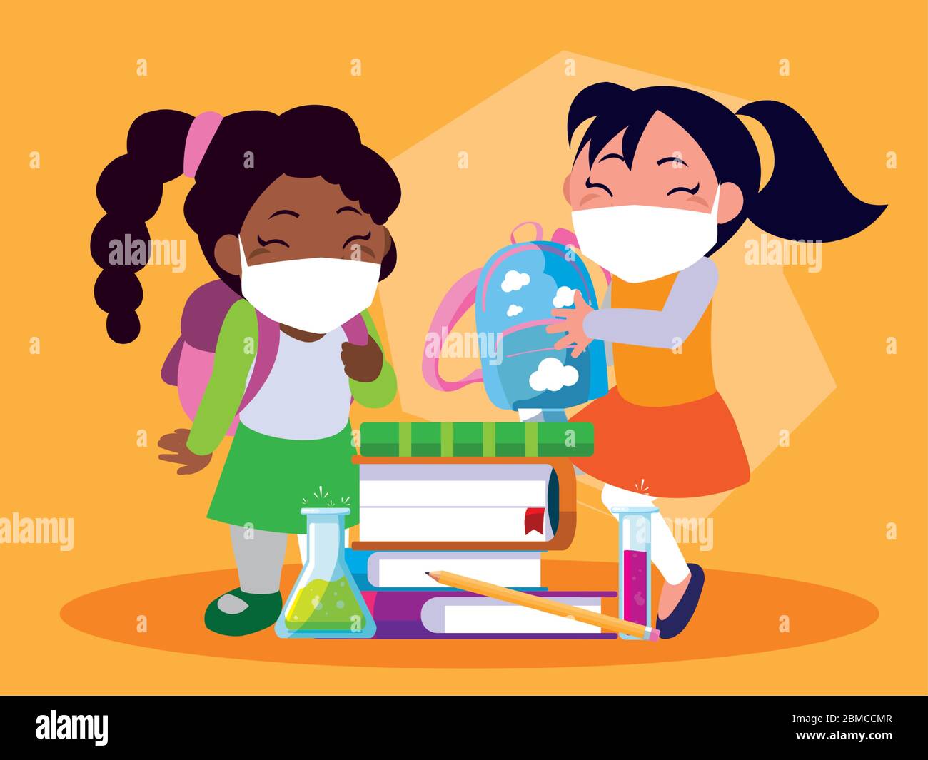 Girls with masks school books and bags design of Covid 19 virus theme ...
