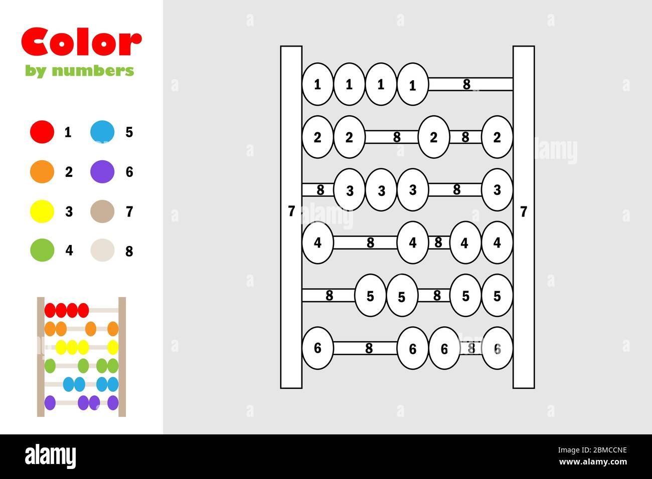Abacus in cartoon style, color by number, education paper game for the ...