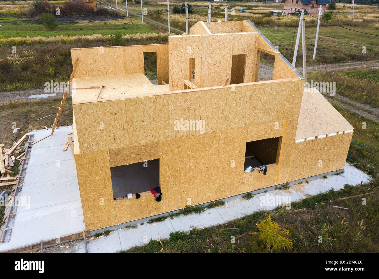 Construction of new and modern modular house. Walls made from composite ...