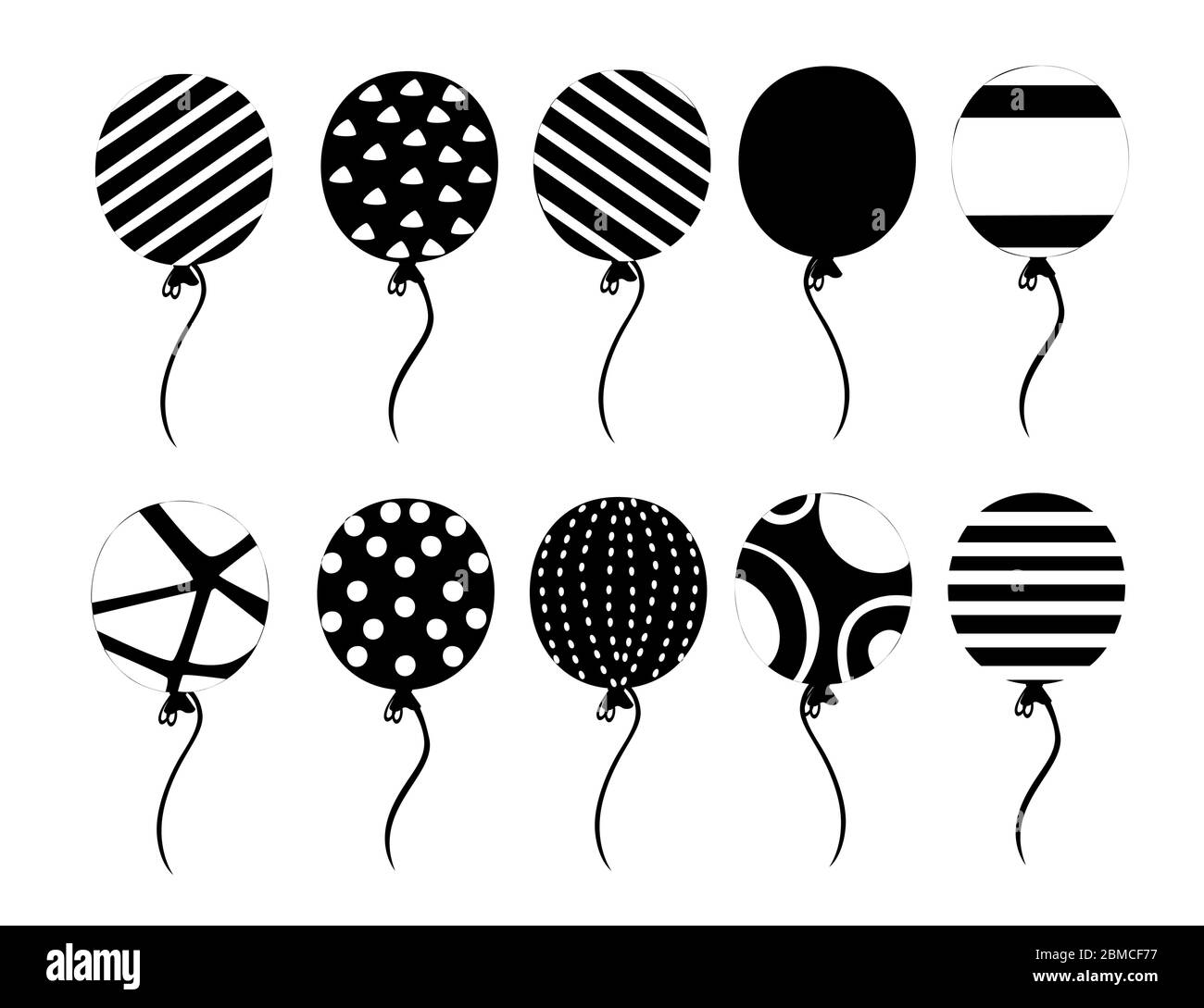 Black silhouette set of flat balloons with different texture pattern ...