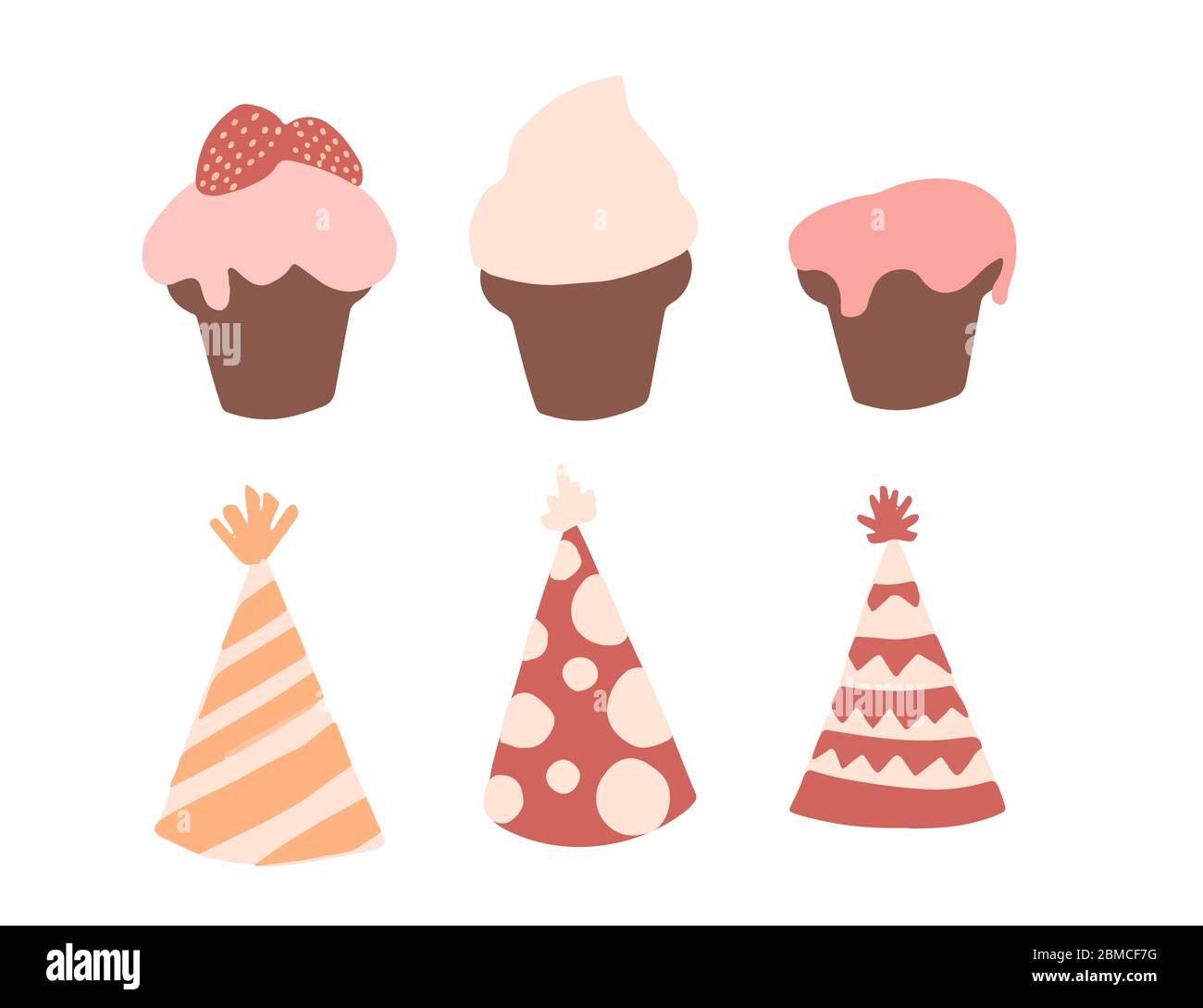 Party hat set with different texture pattern and tasty sweet cake ...