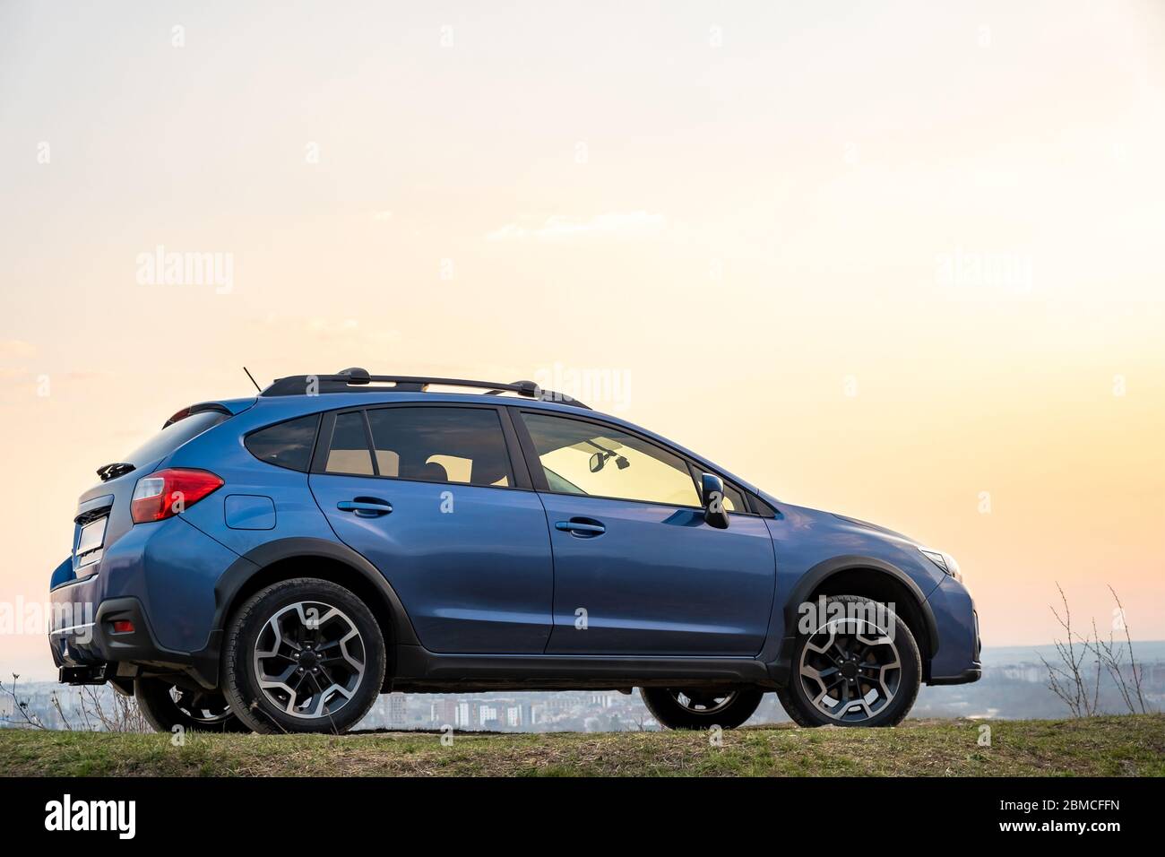 Landscape with blue off road car at sunset, Traveling by auto ...