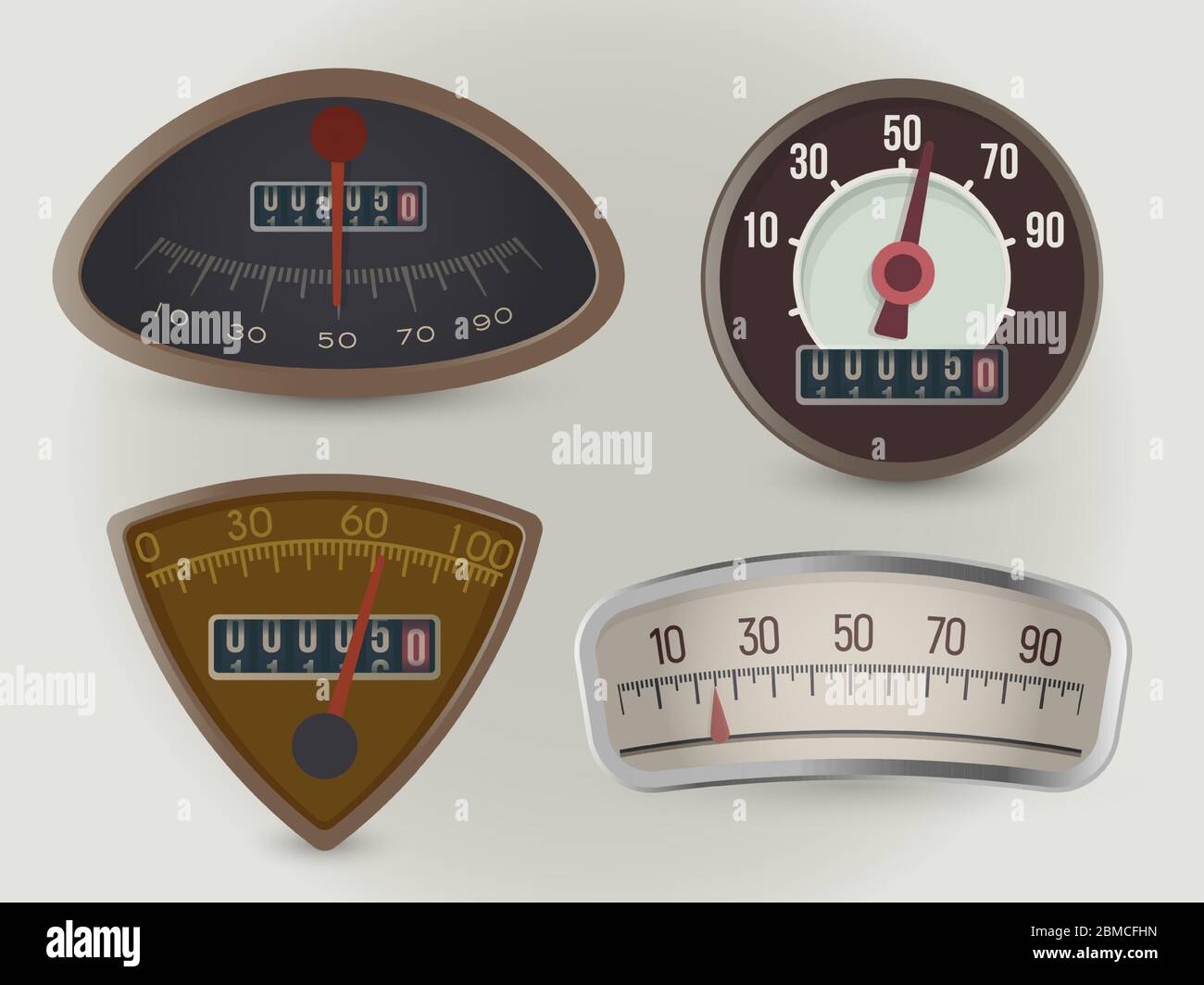 Speedometers, speed gauges realistic vector illustrations set. Retro ...