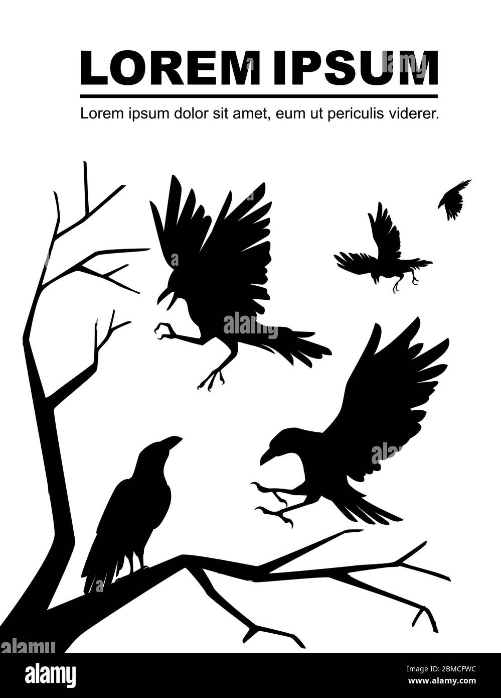Black silhouette group of black crows a dead tree branch advertising ...